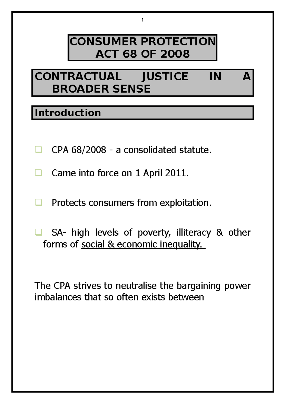 LAW OF Contract - Consumer Protection ACT - Lecture - 2018 . - CONSUMER ...