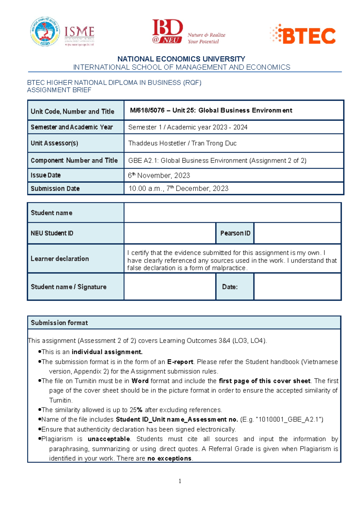 Assignment brief GBE A2 - NATIONAL ECONOMICS UNIVERSITY INTERNATIONAL SCHOOL OF MANAGEMENT AND ...