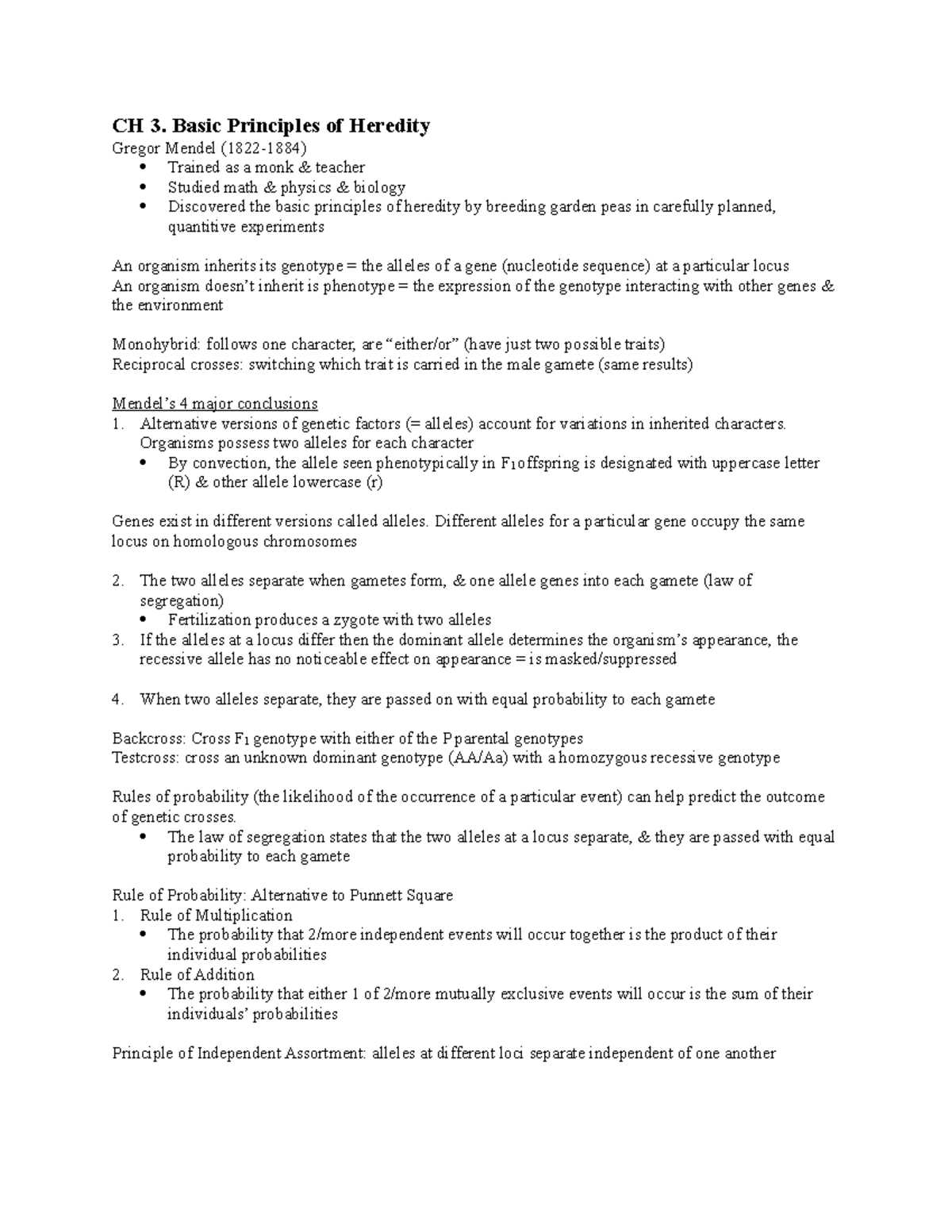 PCB 3063 CH 3 - entry - CH 3. Basic Principles of Heredity Gregor ...