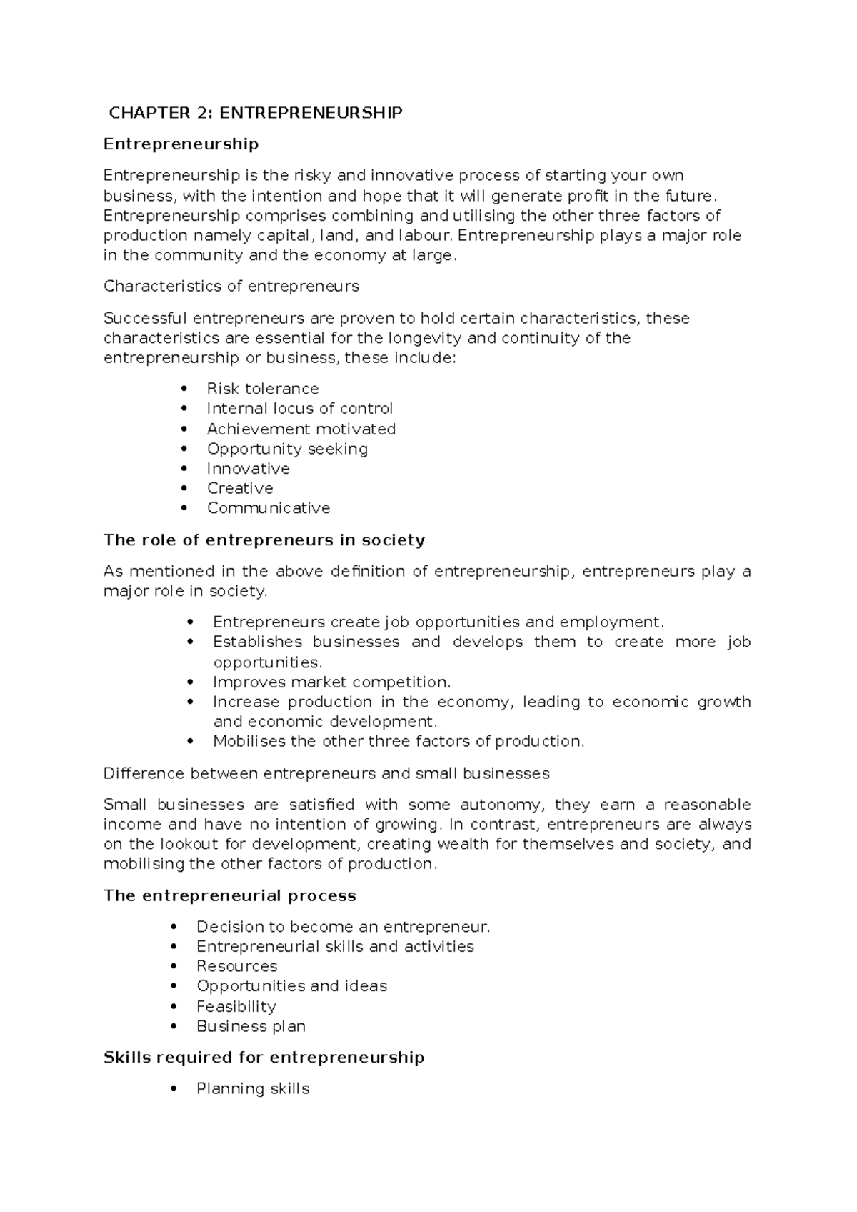 Business management chapter 2 - CHAPTER 2: ENTREPRENEURSHIP ...