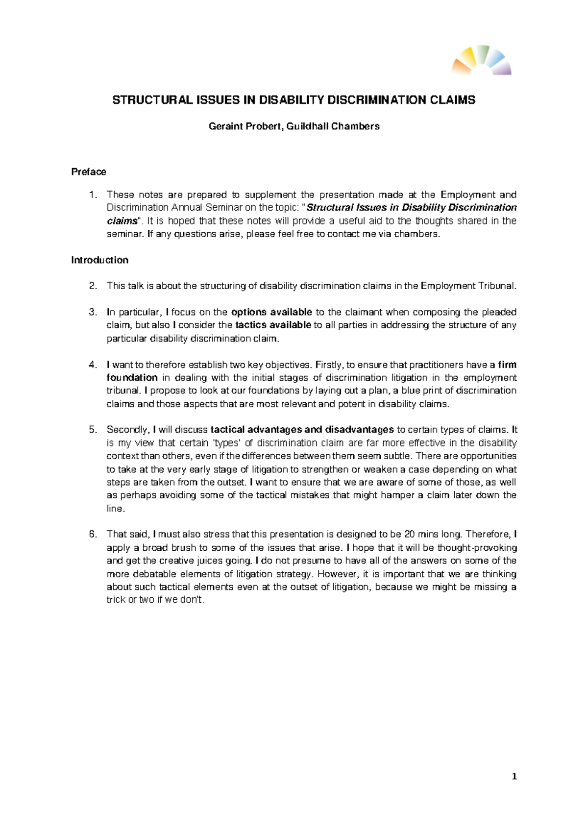 Structuring claim GP - STRUCTURAL ISSUES IN DISABILITY DISCRIMINATION ...