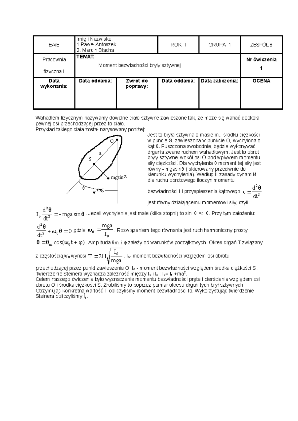fizyka labki jakies zad - EAiE Imię i Nazwisko: 1ł Antoszek 2. Marcin ...