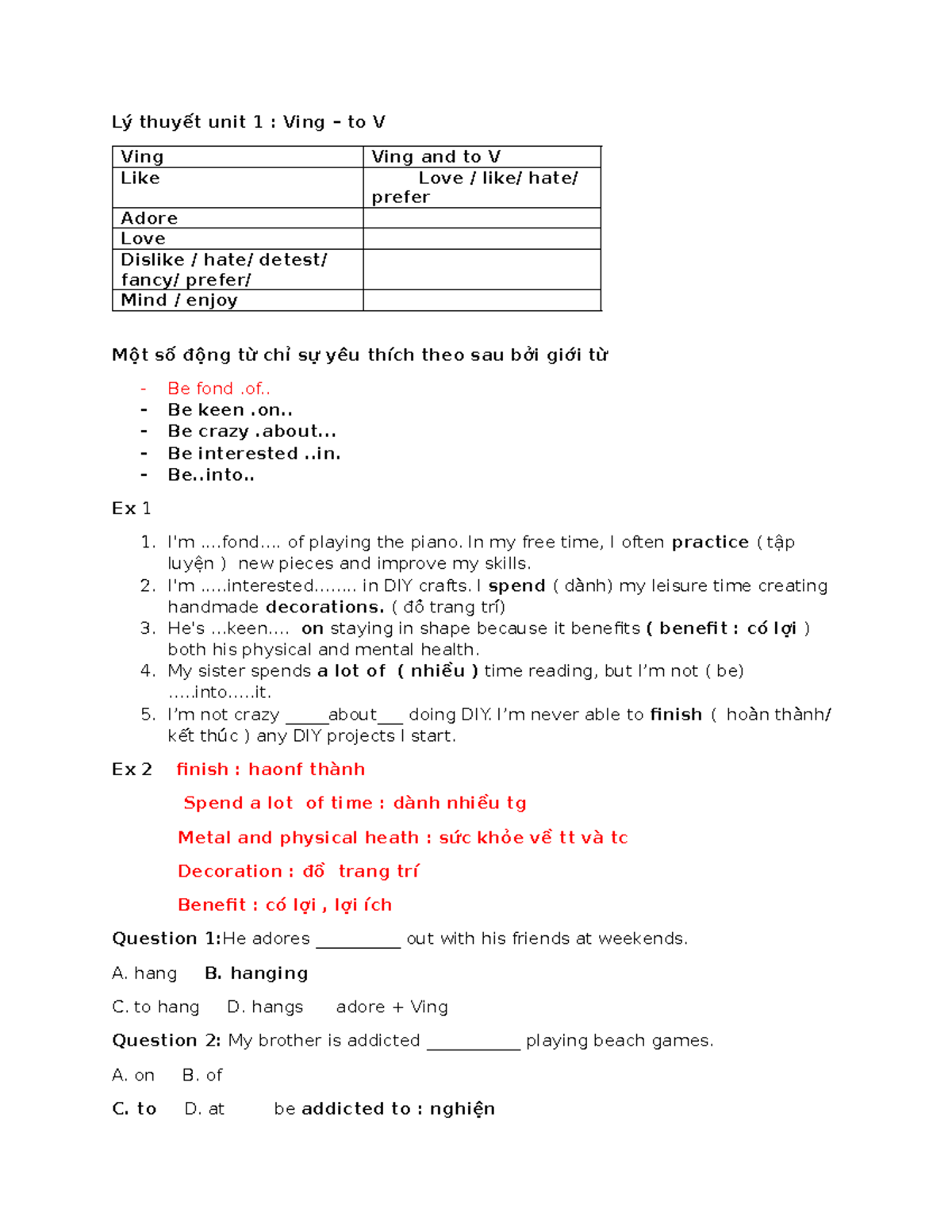 Lý thuyết + bài tập Unit 1 - Lý thuyết unit 1 : Ving – to V Ving Ving and to V Like Love / like ...