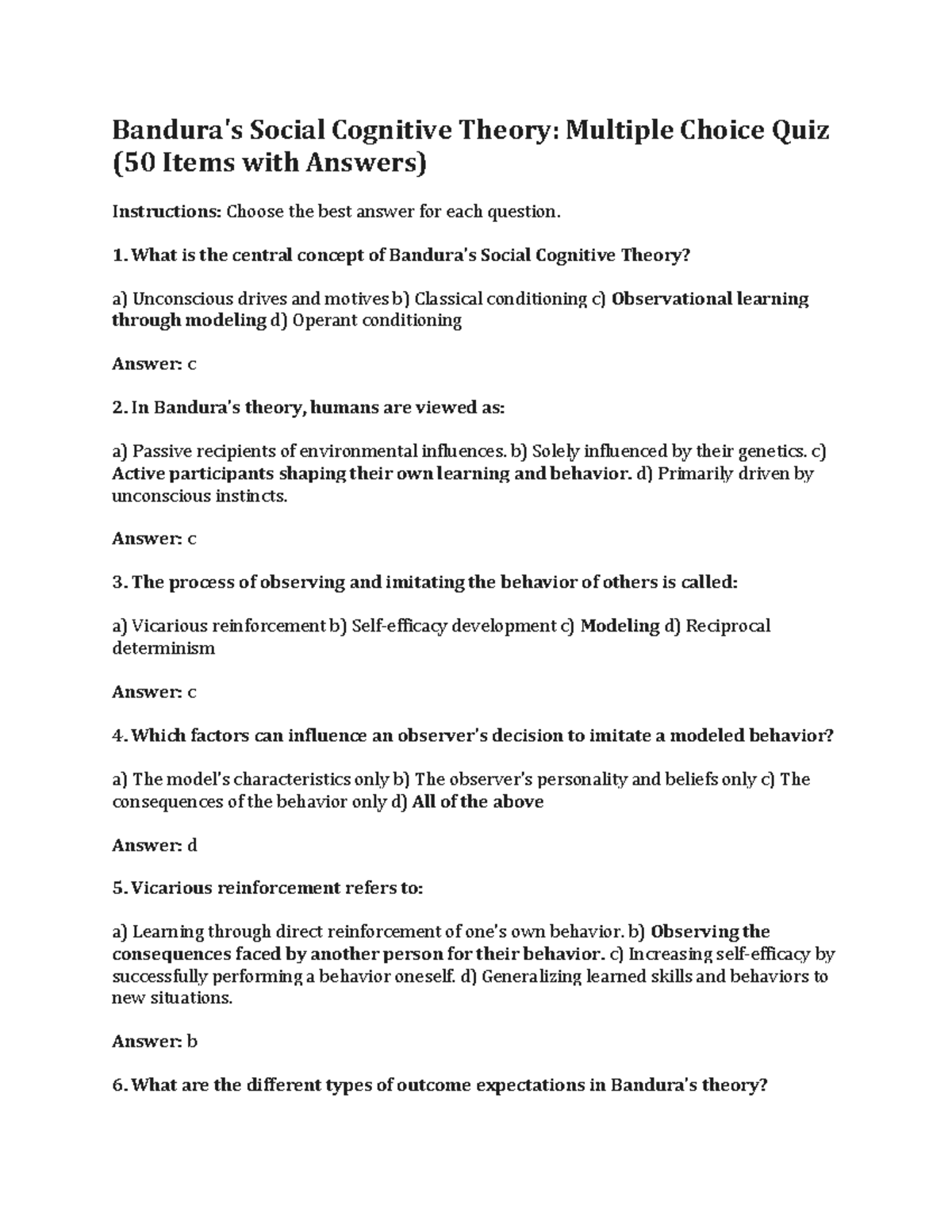 Multiple Choice Quiz (50 Items with Answers) - Bandura's Social ...