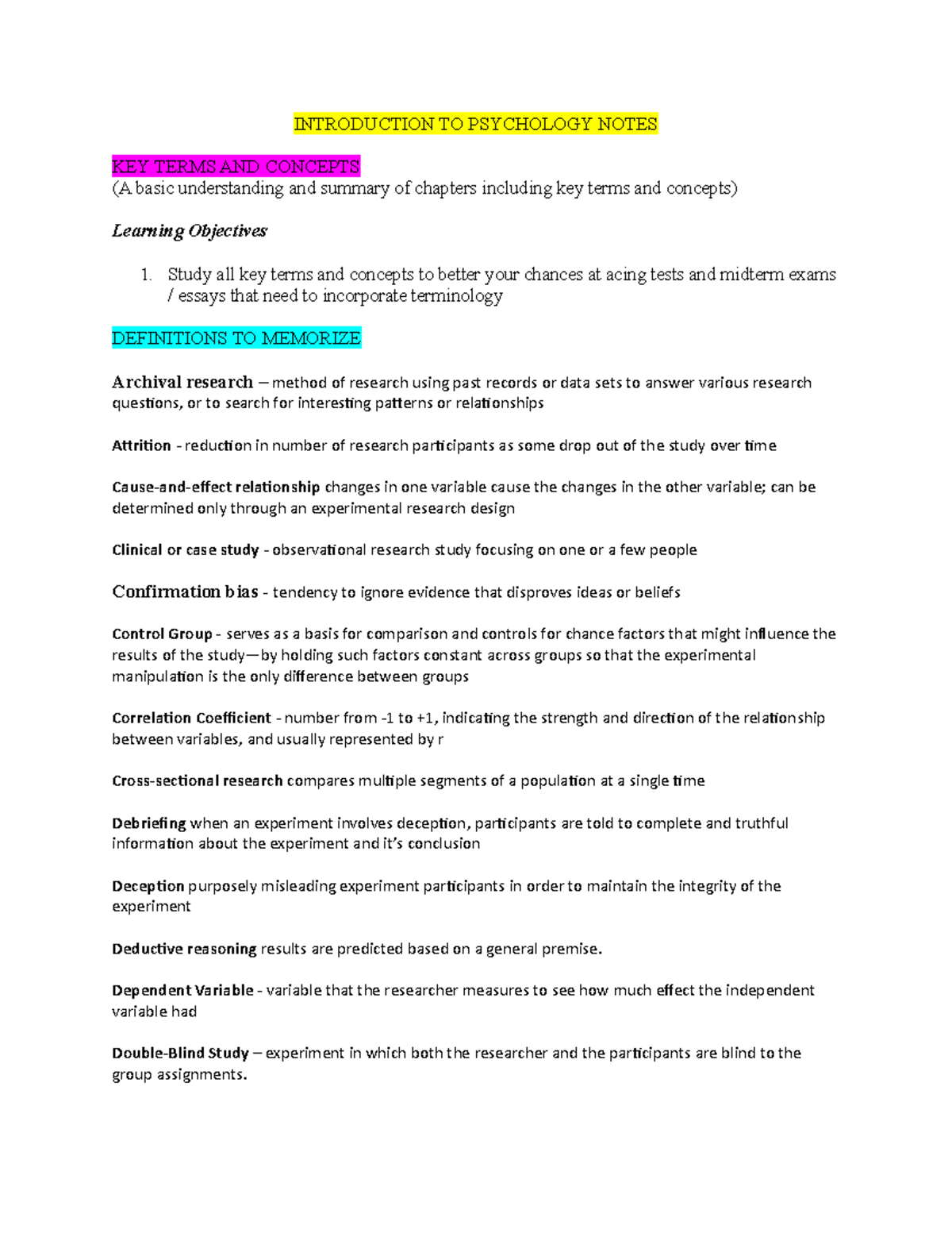 Introduction TO Psychology Notes KEY Concepts - INTRODUCTION TO ...