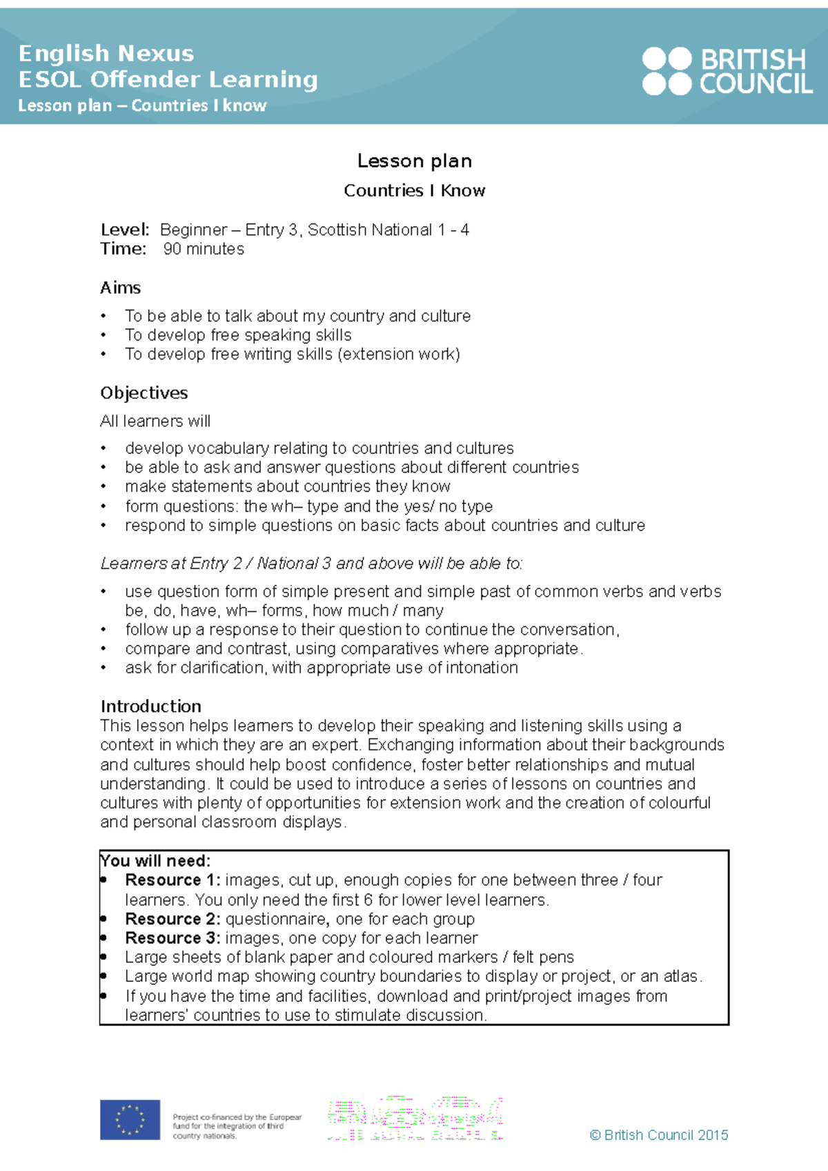 LP Countries I know - Lesson plan Countries I Know Level: Beginner ...