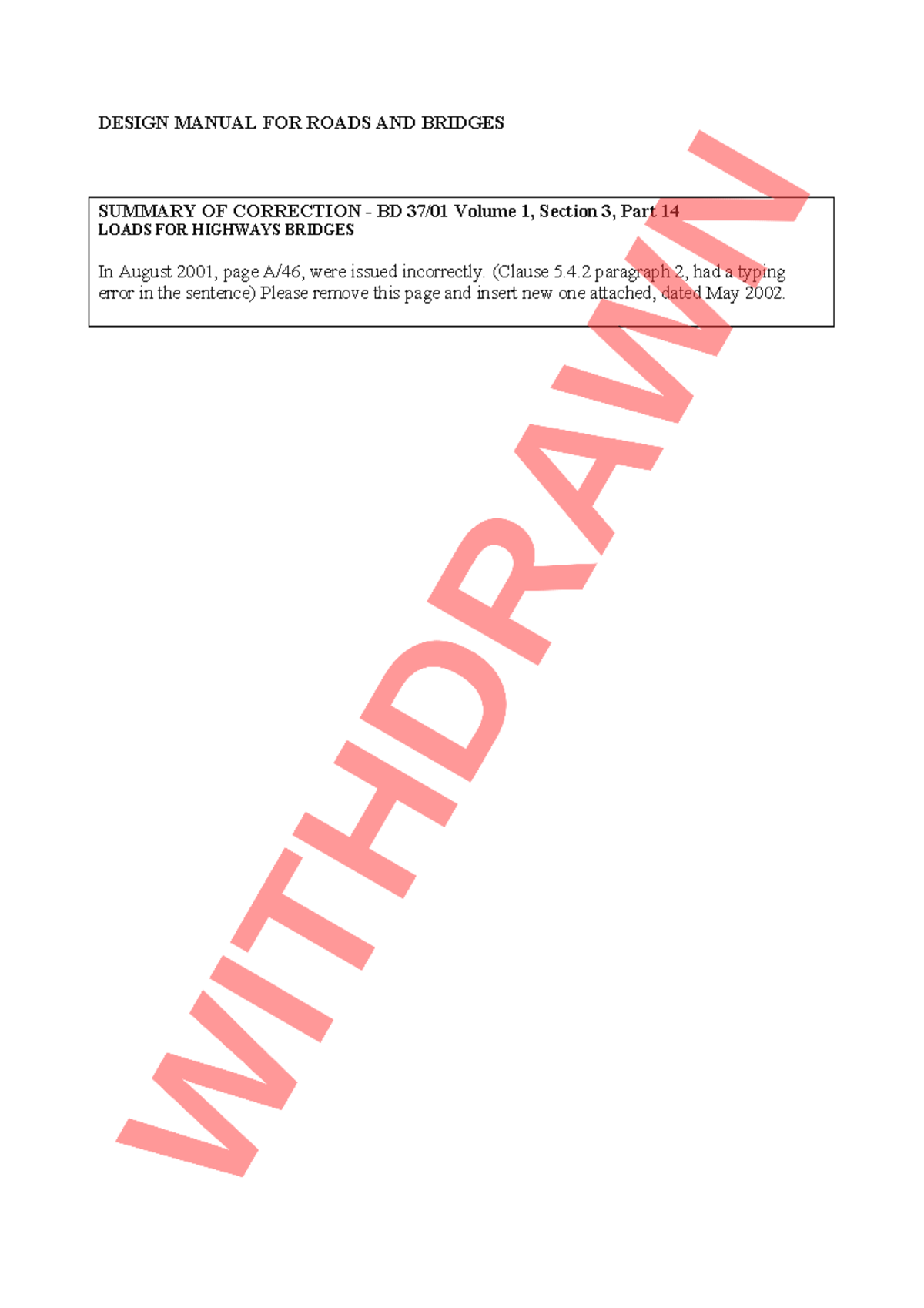 Bd3701 - BD37 / 01 - DESIGN MANUAL FOR ROADS AND BRIDGES SUMMARY OF CORRECTION - BD 37/01 Volume ...