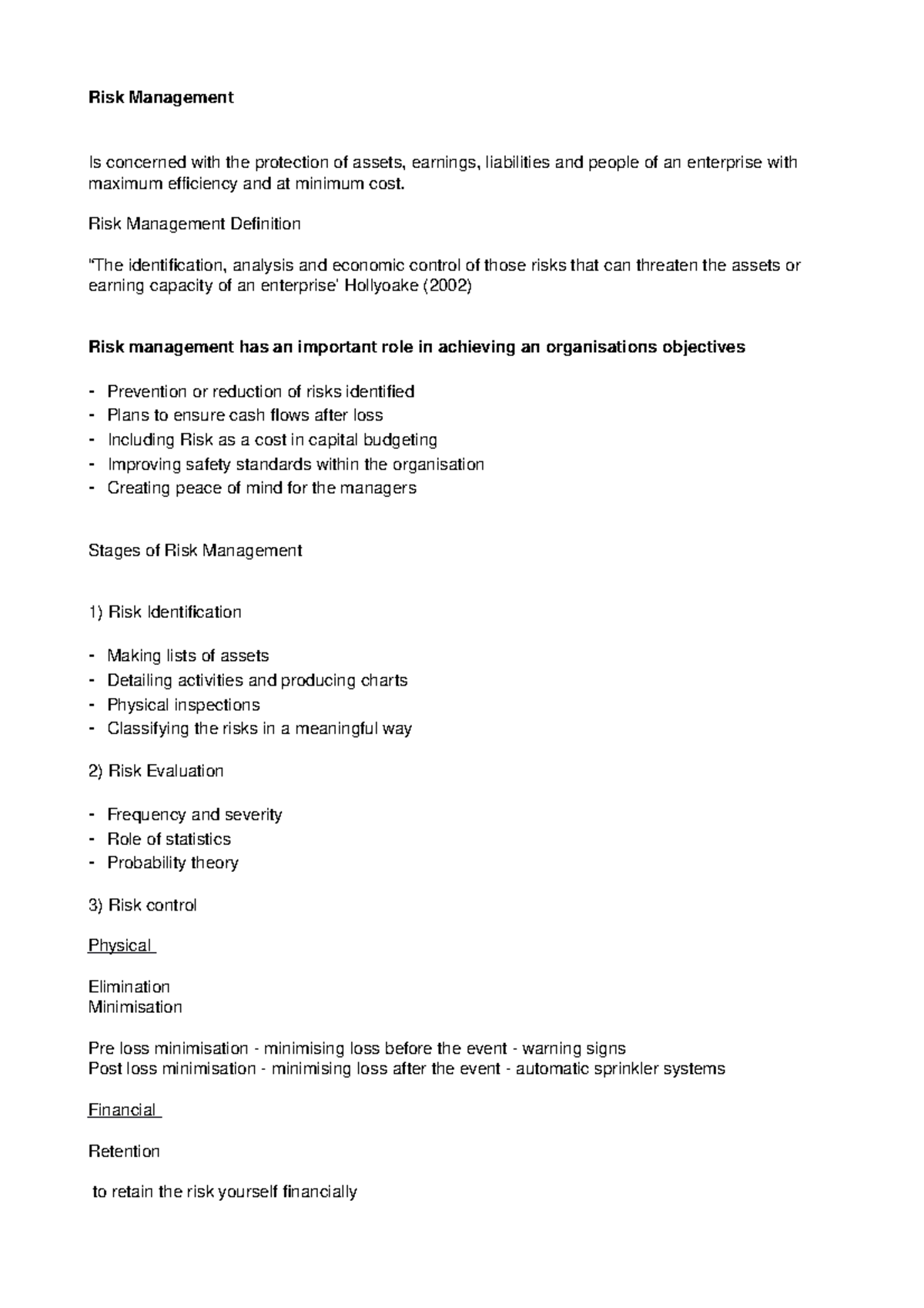 Risk Management - Lecture notes 6 - Risk Management Is concerned with ...