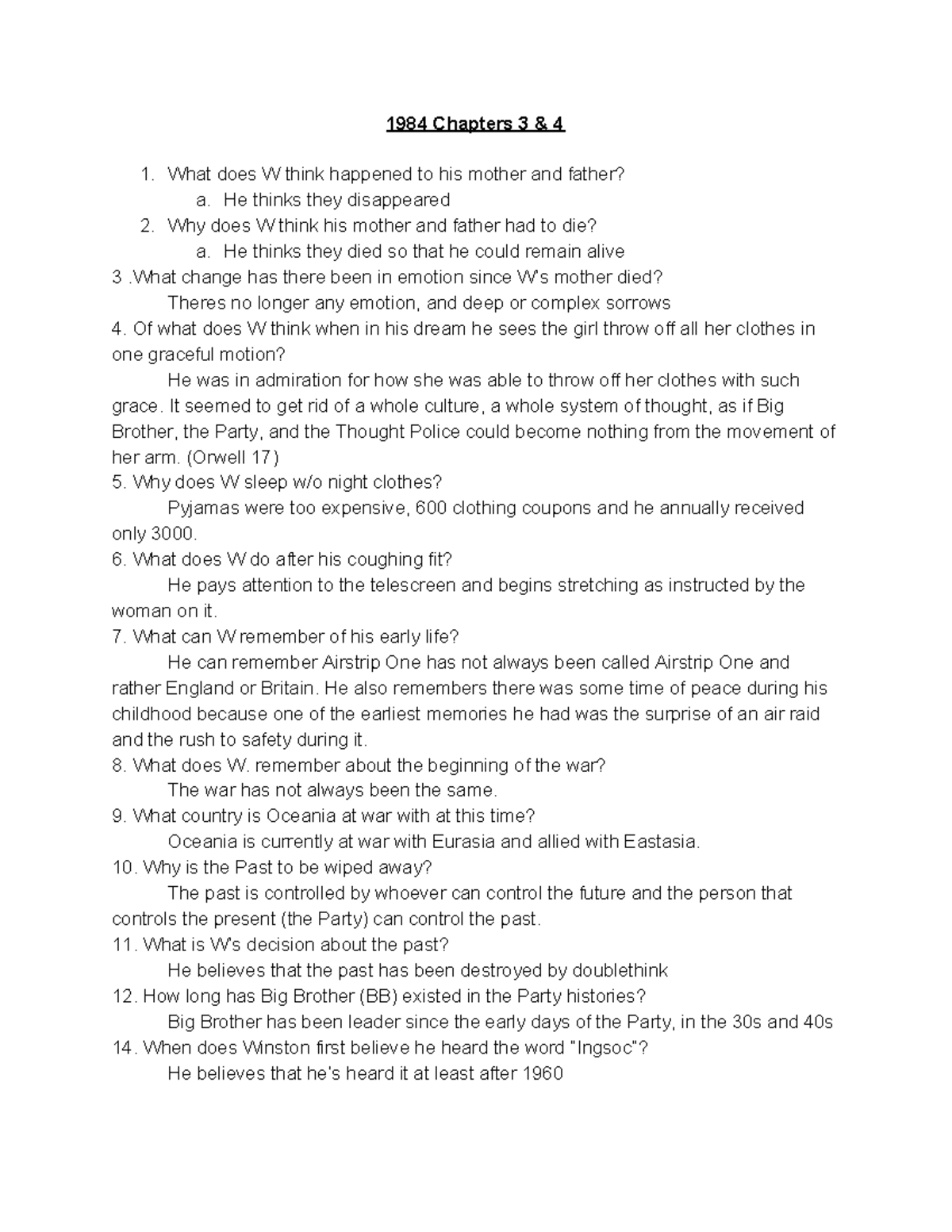 1984 Chapters 3 & 4 - 1984 Chapters 3 & 4 What does W think happened to his mother and father ...