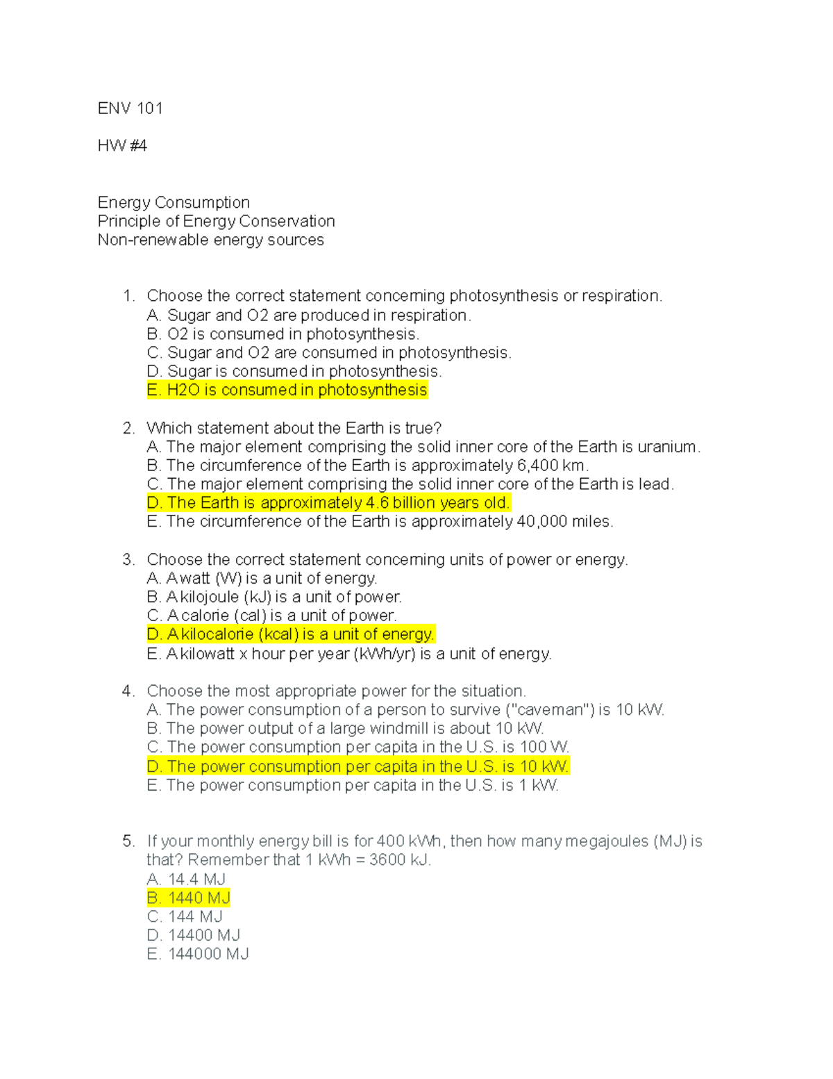 ENV HW #4 Multiple choice homework assignment - ENV 101 HW Energy ...