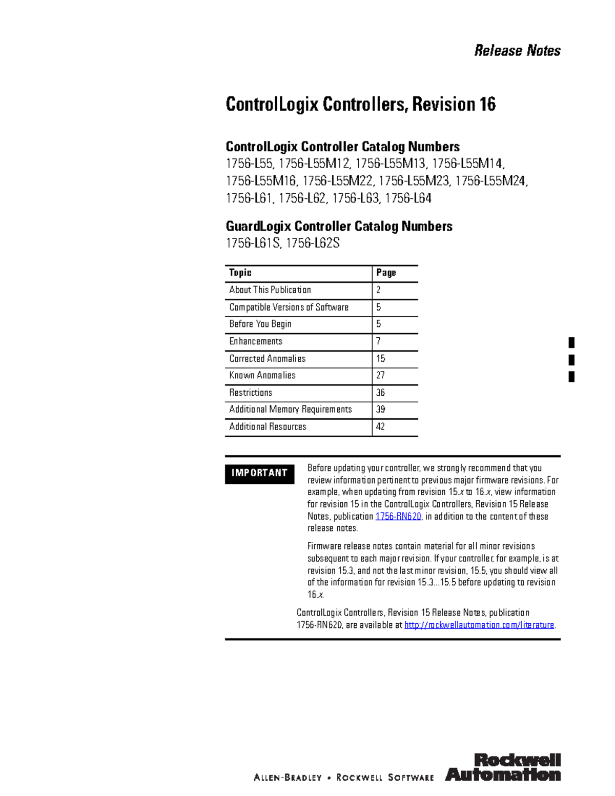 Logix 5562-1756-L62 - Datasheet - Release Notes ControlLogix ...