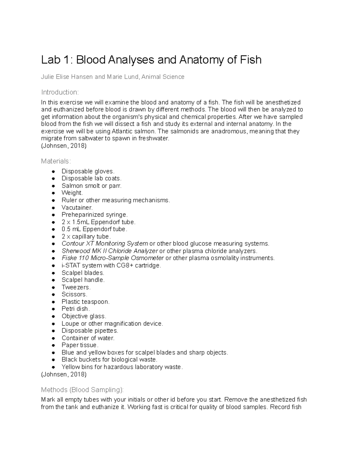 Lab 1 Blood Analyses and Anatomy of Fish - The fish will be ...