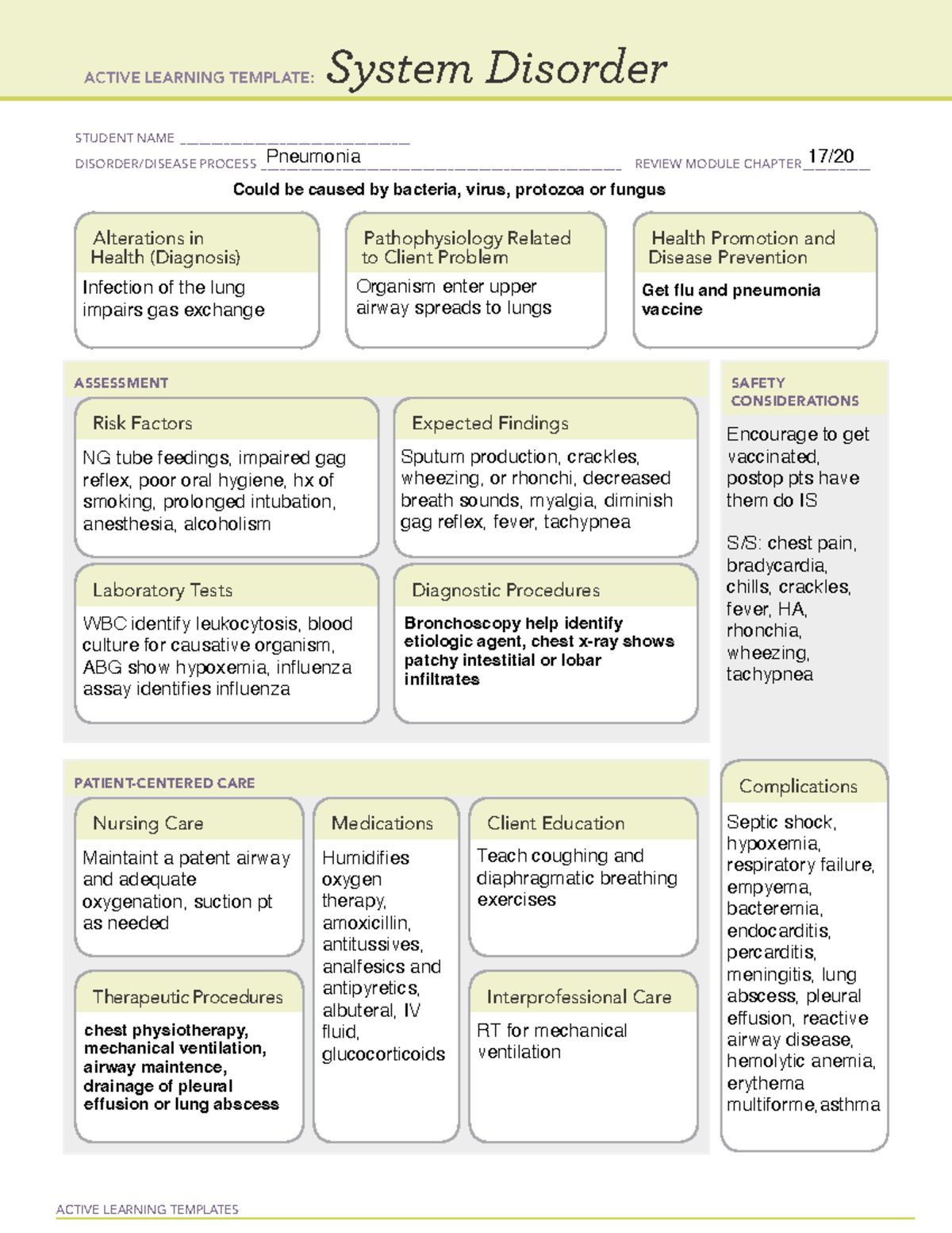 Pneumonia - N/A - ACTIVE LEARNING TEMPLATES System Disorder STUDENT ...