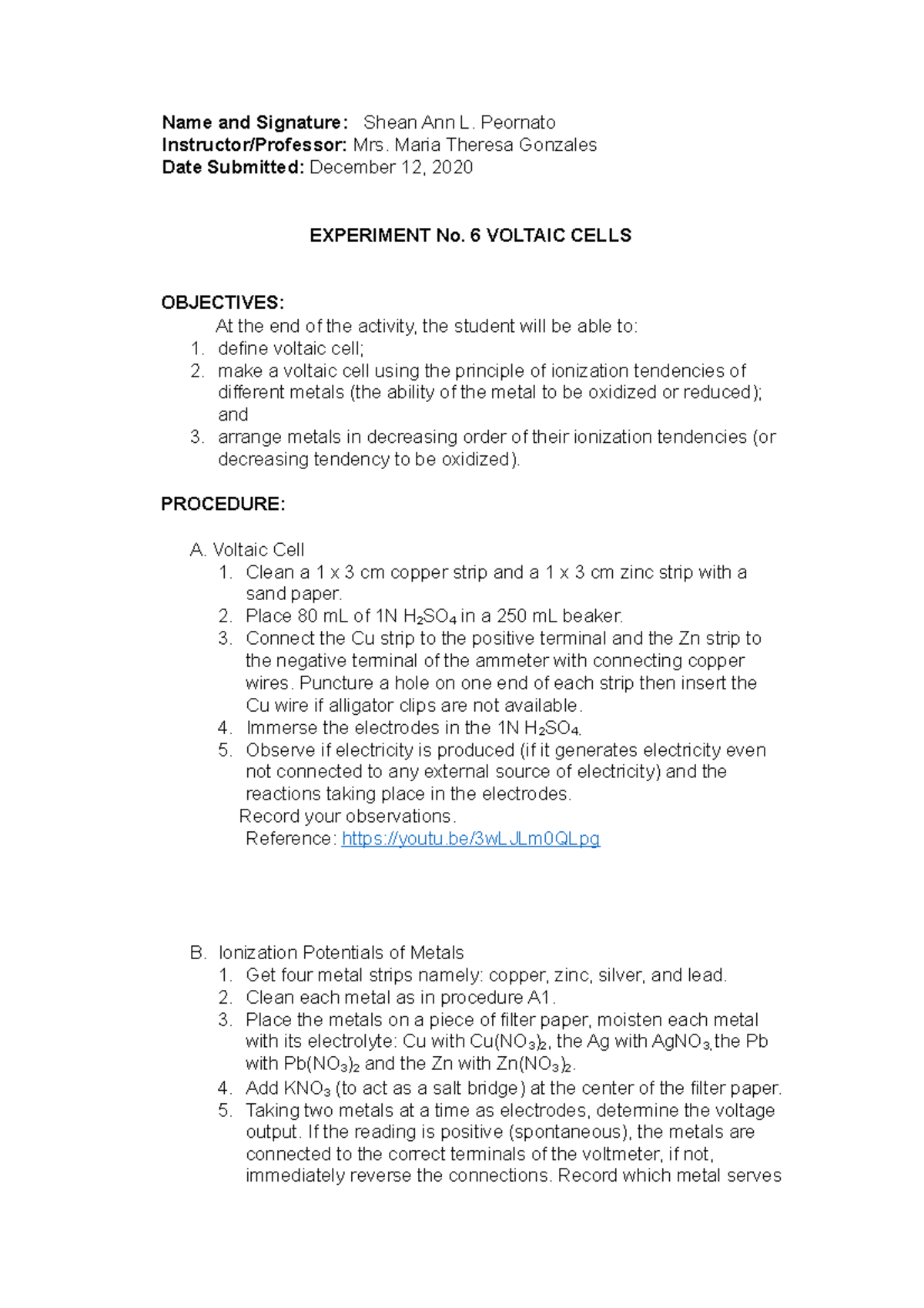 Voltaic Cell Experiment no.6 - Name and Signature: Shean Ann L ...