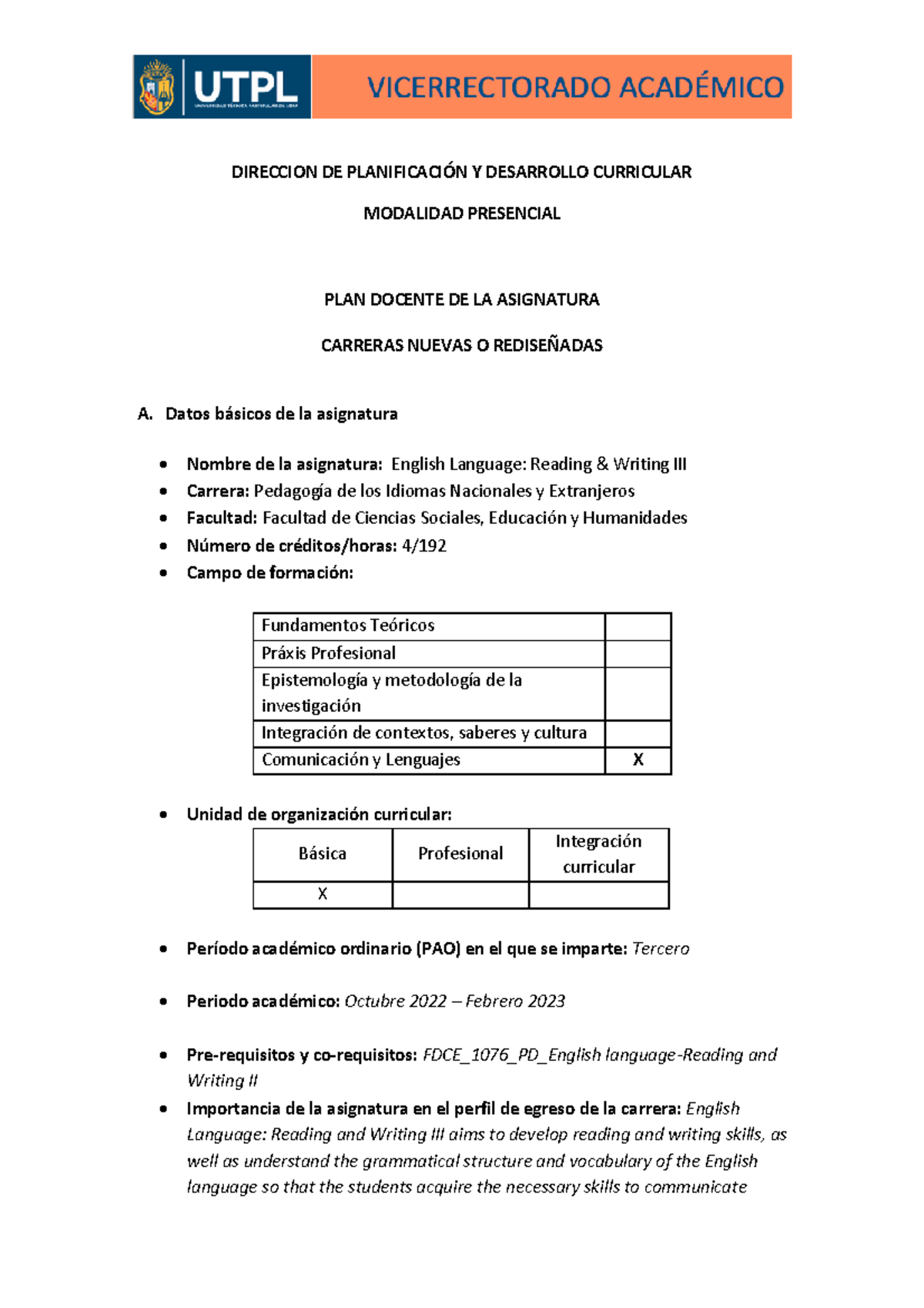 EDUC 3111 PD English Language Reading and Writing III Oct 22-Feb 23 - DIRECCION DE PLANIFICACI”N ...