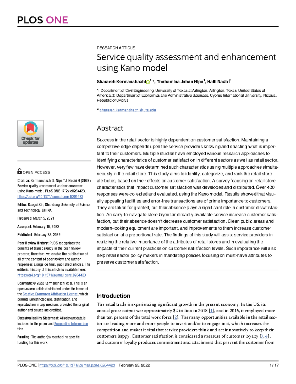Service quality assessment and enhancement using Kano model - RESEARCH ...