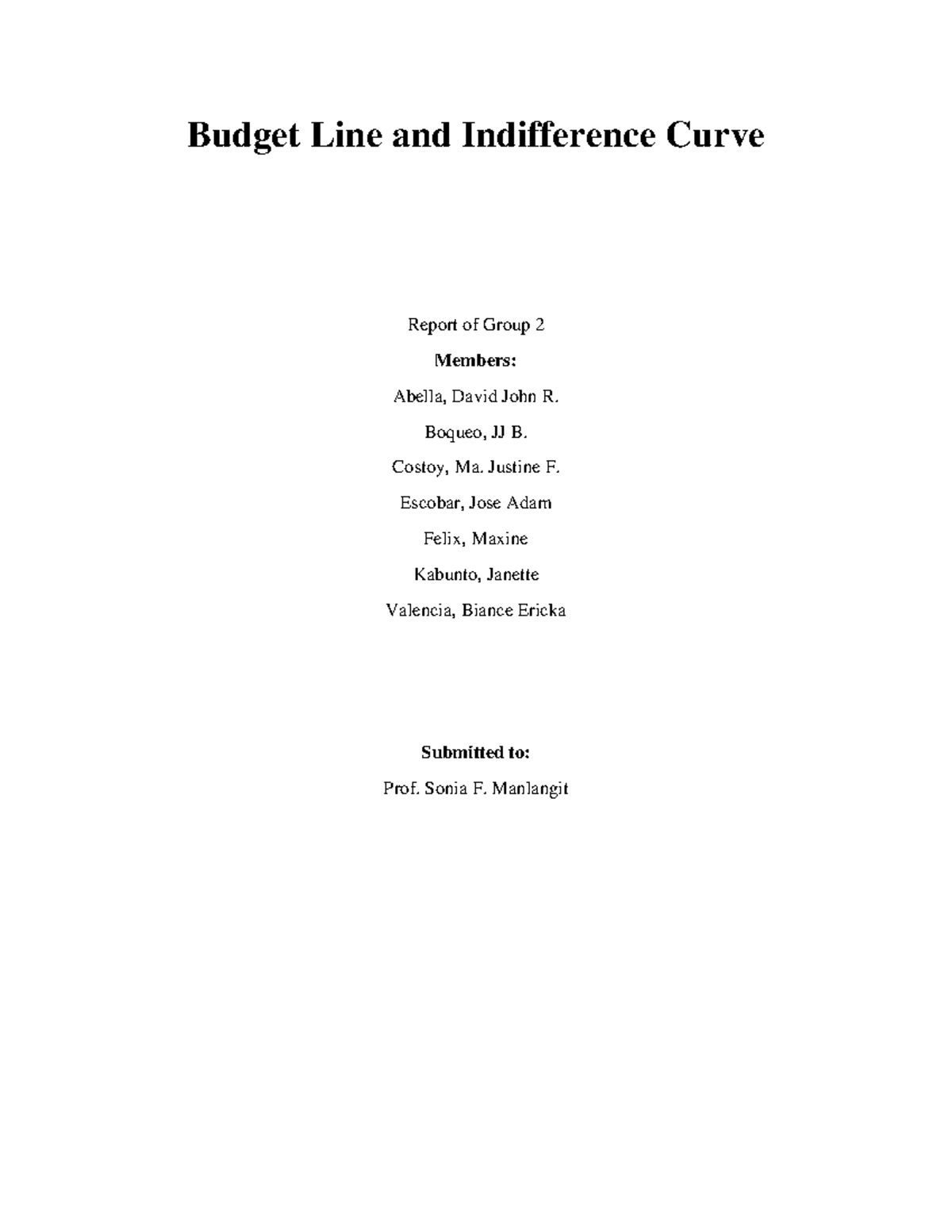 Group 2 Budget Lines and Indifference Curve Written-Report - Budget ...