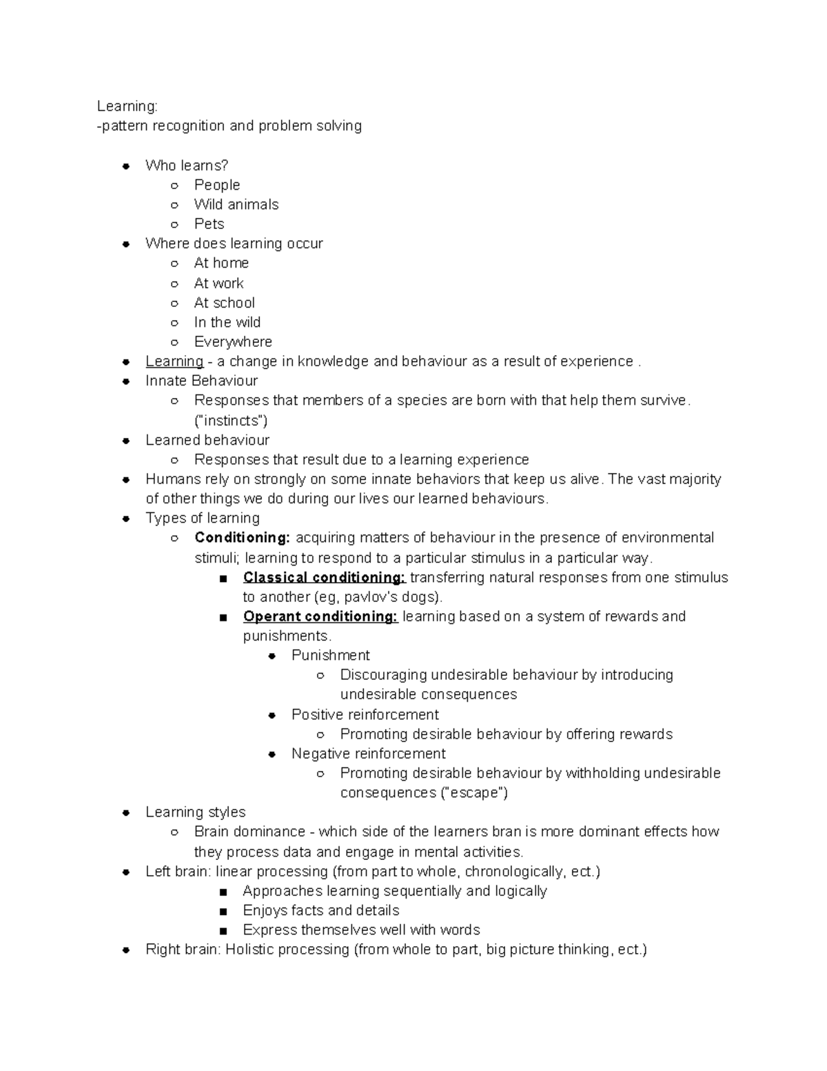 history class notes - Learning: -pattern recognition and problem ...