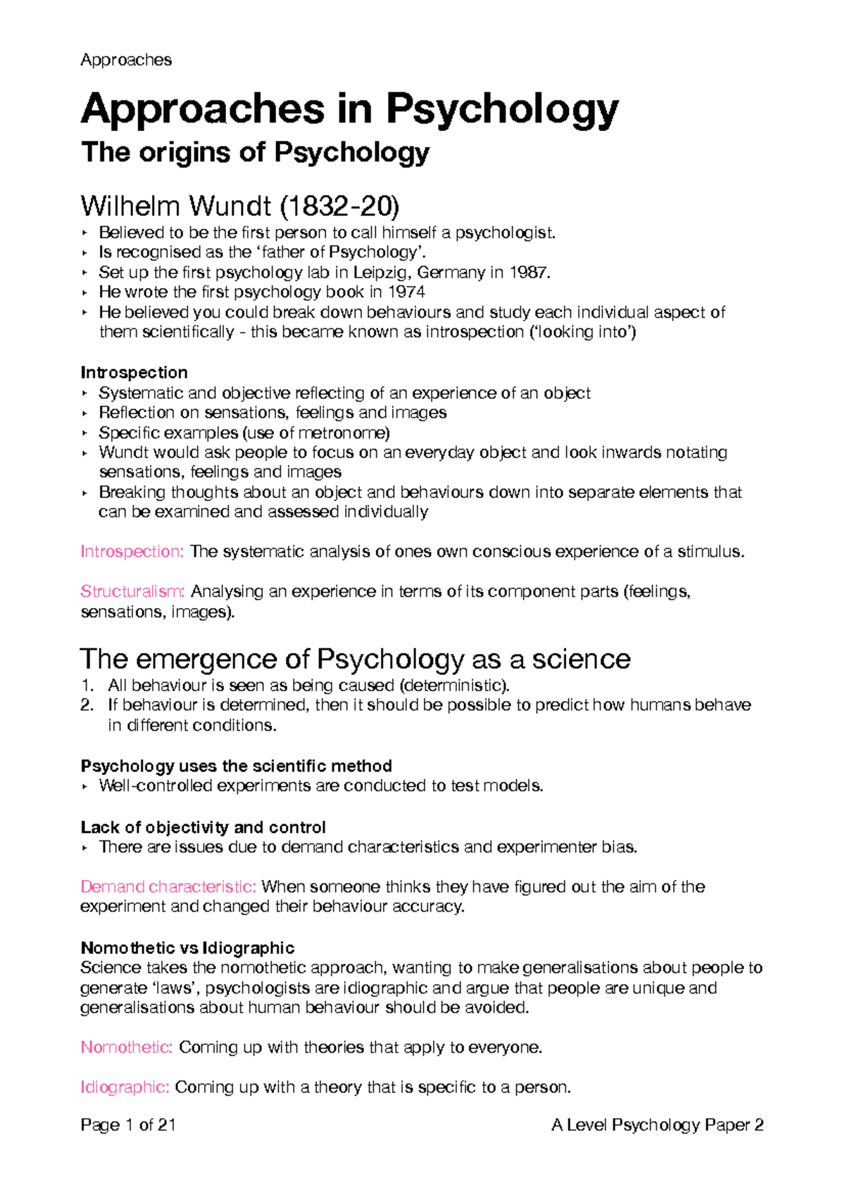 Summary Approaches Complete Revision Notes (Psychology AQA A-Level ...