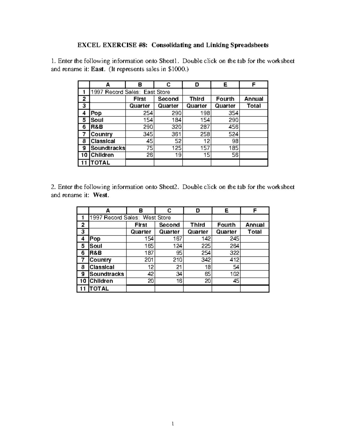 Excel exercise 2 - EXCEL EXERCISE #8: Consolidating and Linking Spreadsheets 1. Enter the ...
