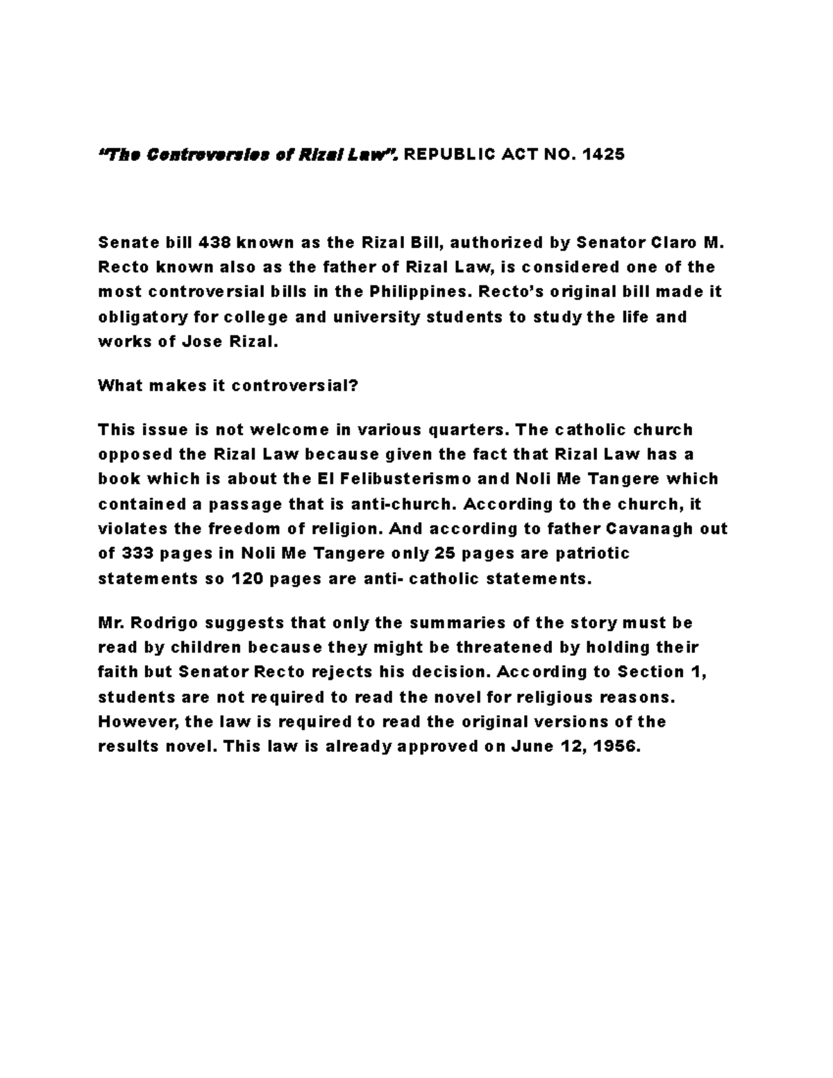 The Controversies of Rizal Law - REPUBLIC ACT NO. 1425 Senate bill 438 ...