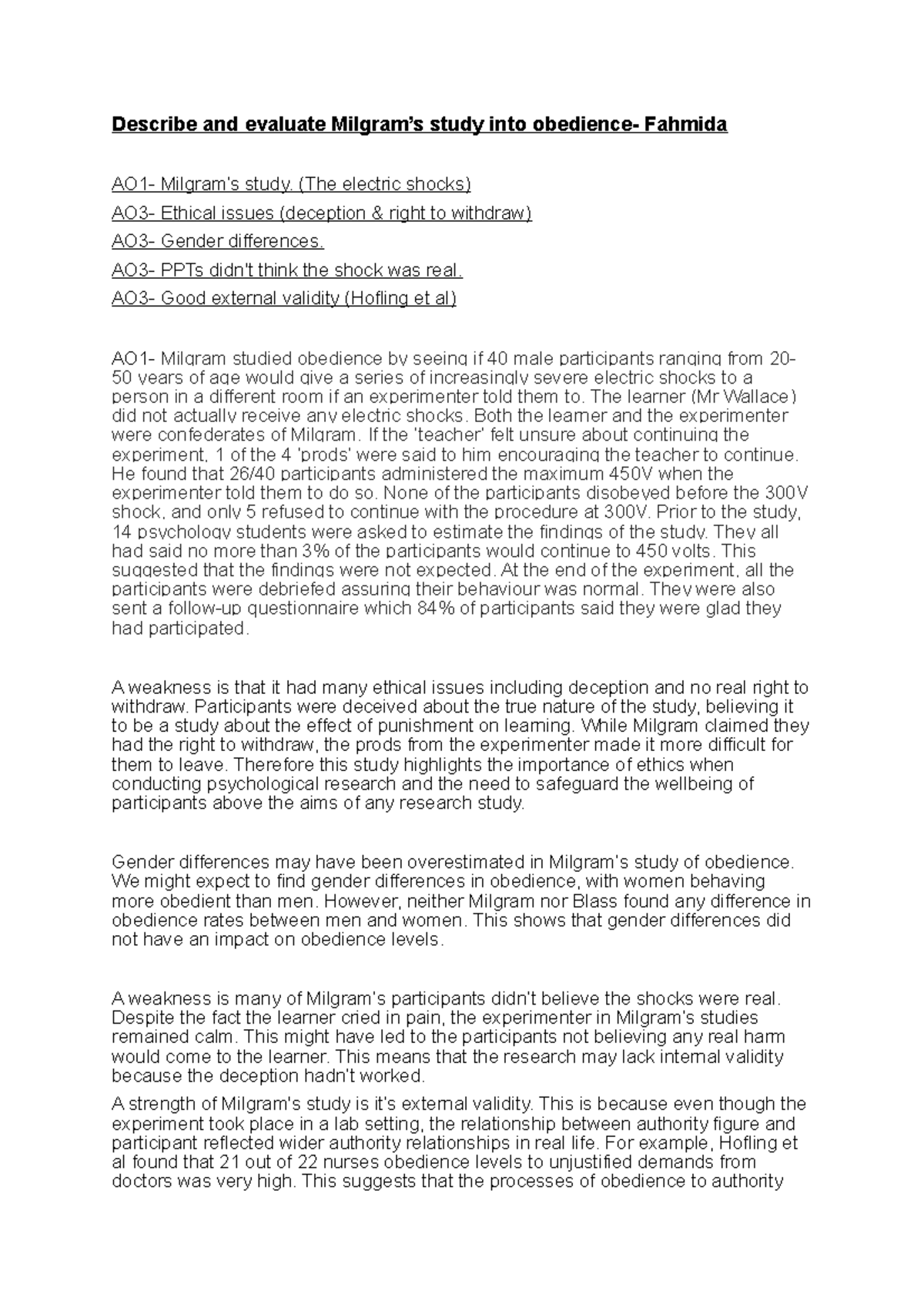 Milgram’s research into obedience essay - Describe and evaluate Milgram ...