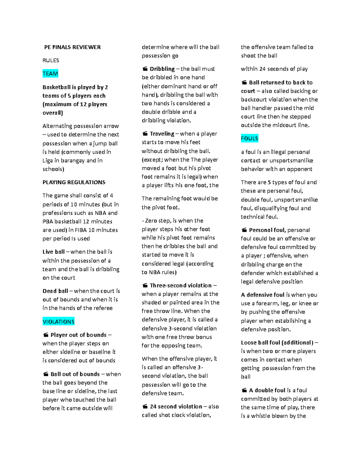 PE Finals Reviewer - PE FINALS REVIEWER RULES TEAM Basketball is played by 2 teams of 5 players ...