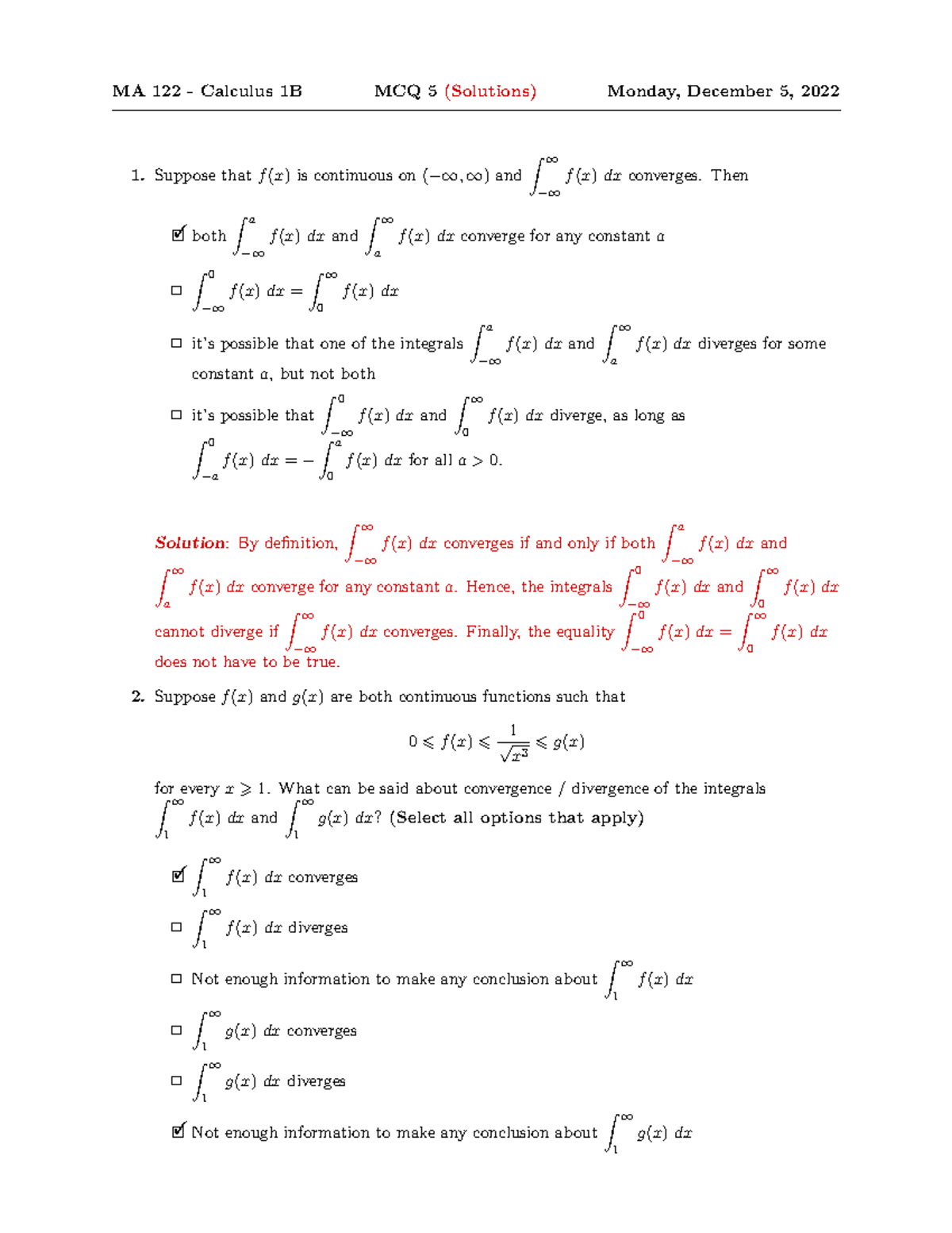 MCQ-5 sol - Professor: Denis Serbin - MA 122 - Calculus 1B MCQ 5 ...