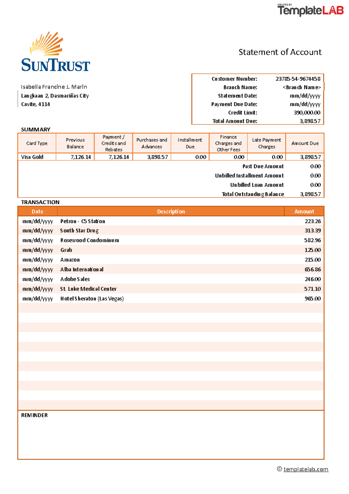Bank Statement Template 4 - Template Lab - Statement of Account ...