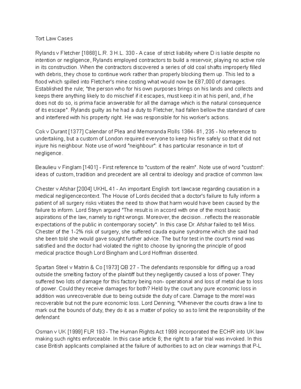 Tort Law Cases - Tort Law Cases Rylands v Fletcher [1868] L. 3 H. 330 ...