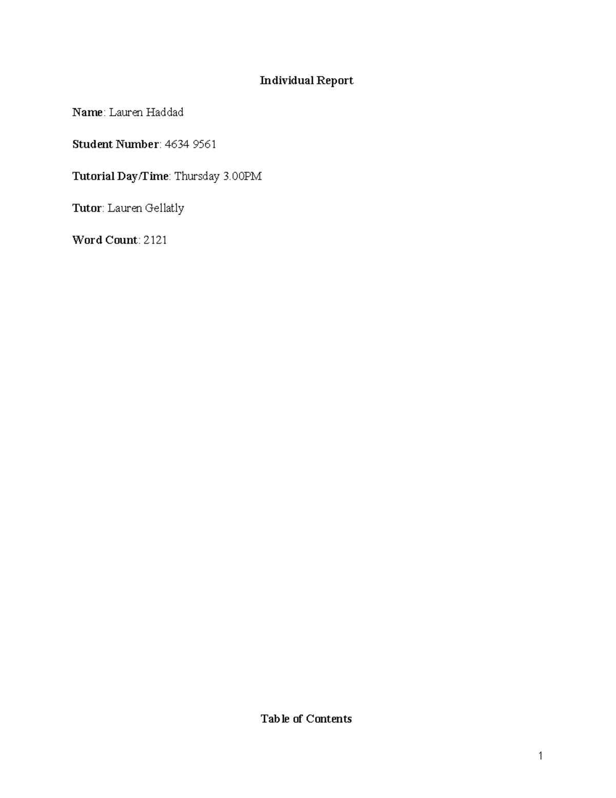 Individual Report - Individual Report Name: Lauren Haddad Student ...