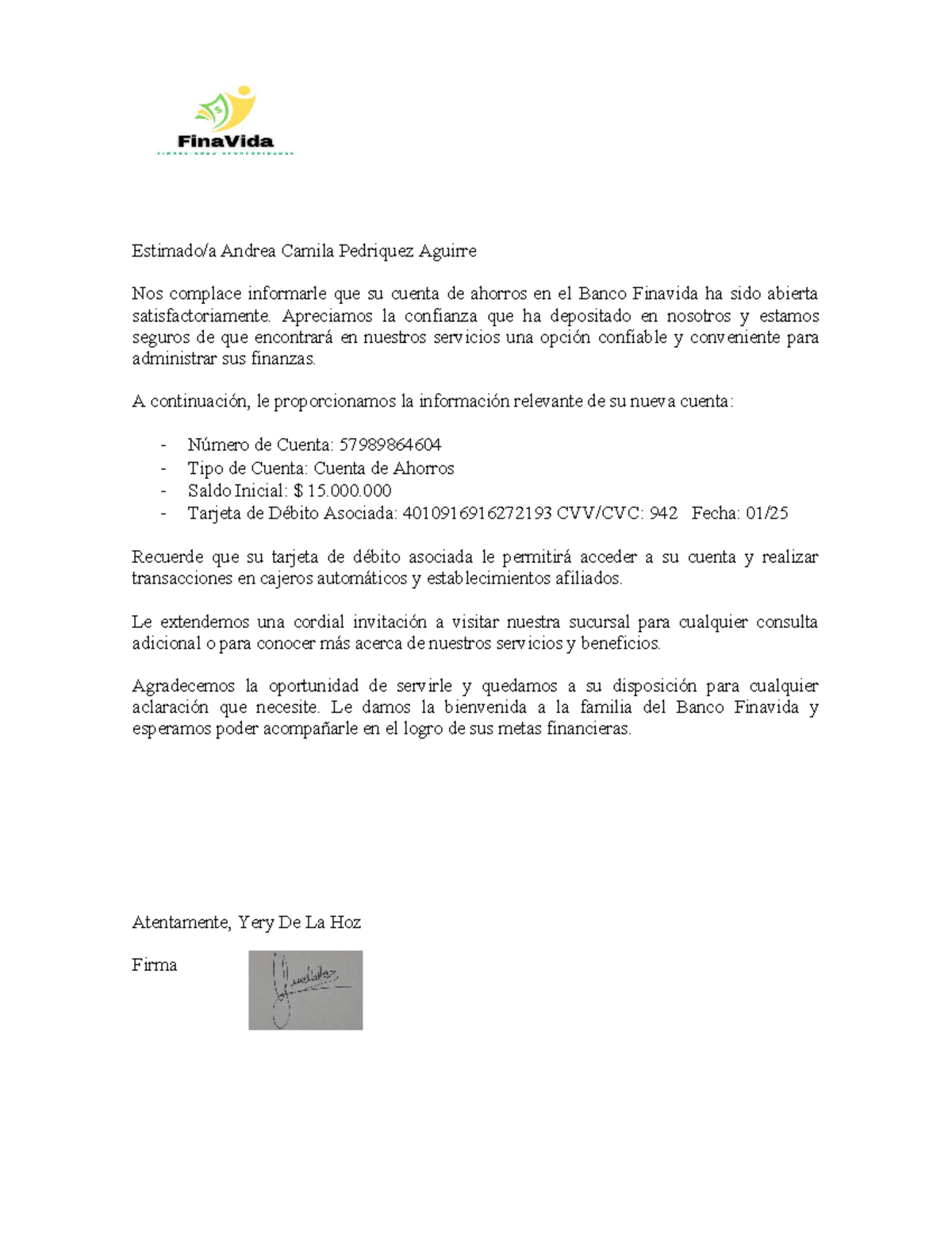 Carta de bienvenida - Estimado/a Andrea Camila Pedriquez Aguirre Nos ...