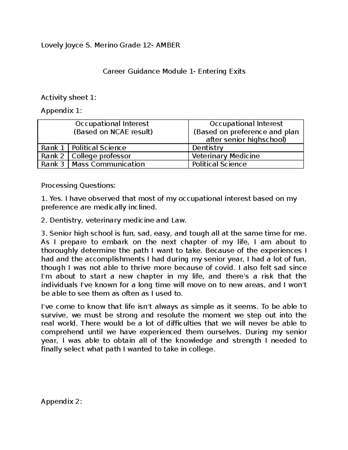Career Guidance 1 - NOTES - Lovely Joyce S. Merino Grade 12- AMBER ...