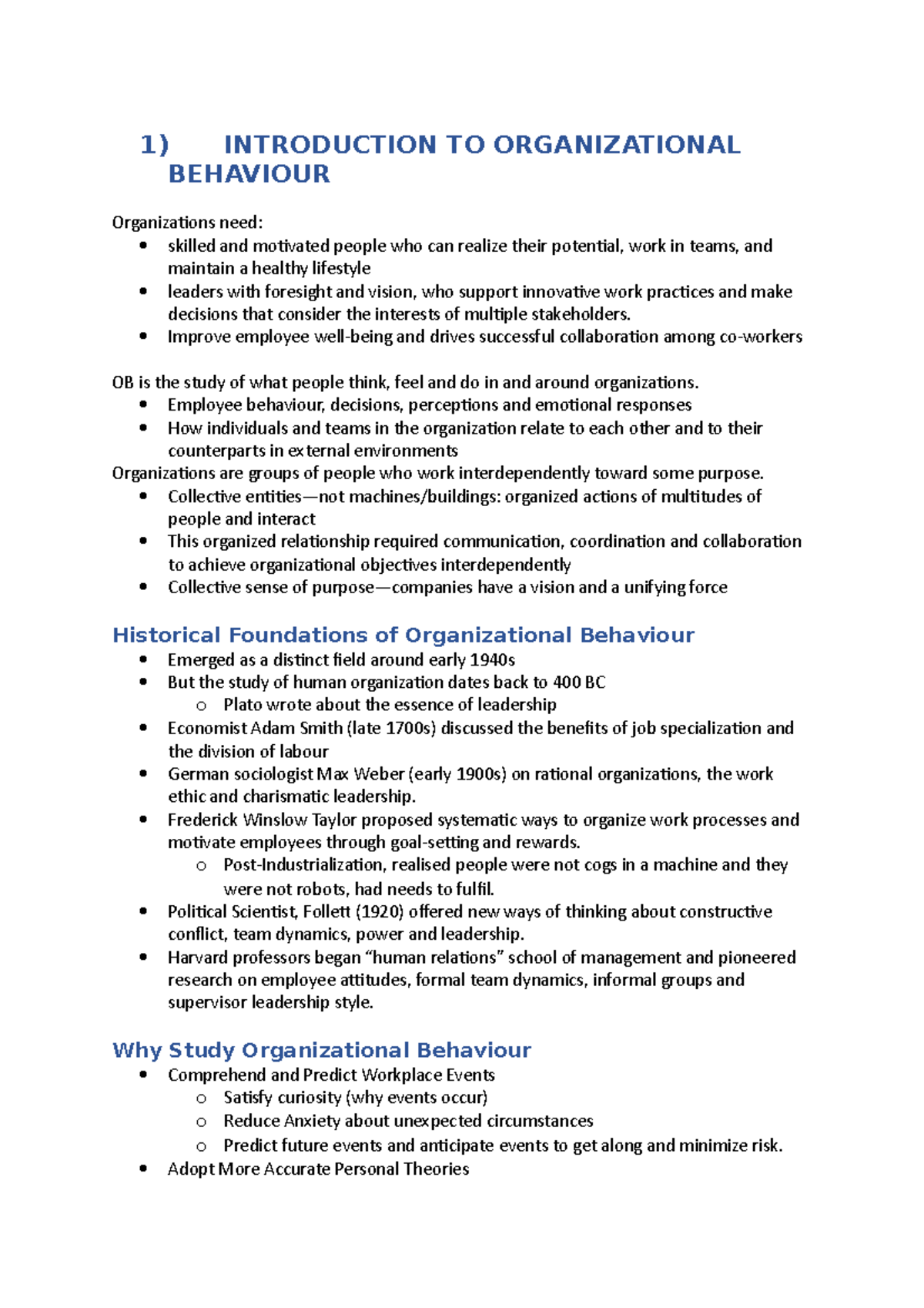 OB Notes (Comprehensive) - 1) INTRODUCTION TO ORGANIZATIONAL BEHAVIOUR ...