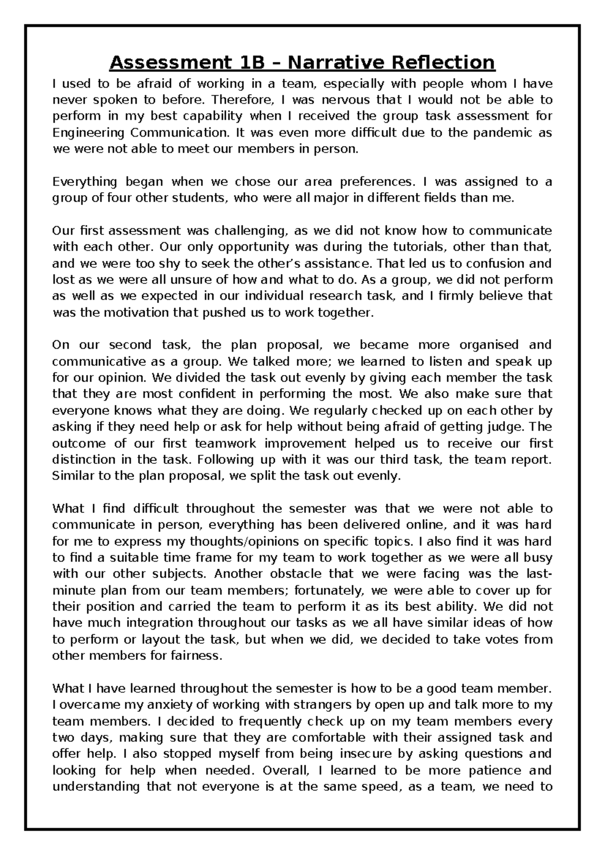 Task 1B - the task 1B of the engineering communication - Assessment 1B – Narrative Reflection I ...