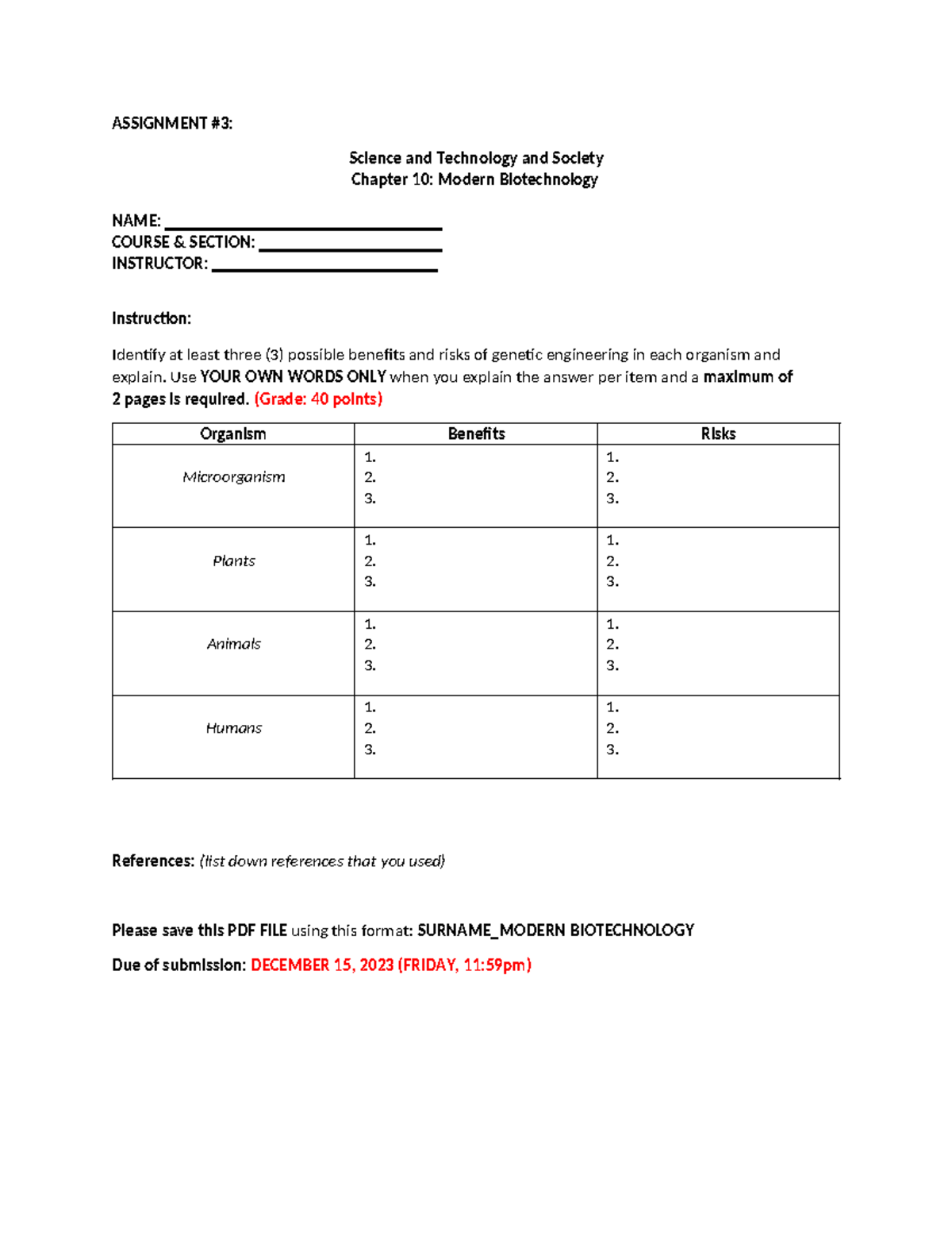 Assignment 3- Modern Biotechnology - ASSIGNMENT #3: Science and Technology and Society Chapter ...