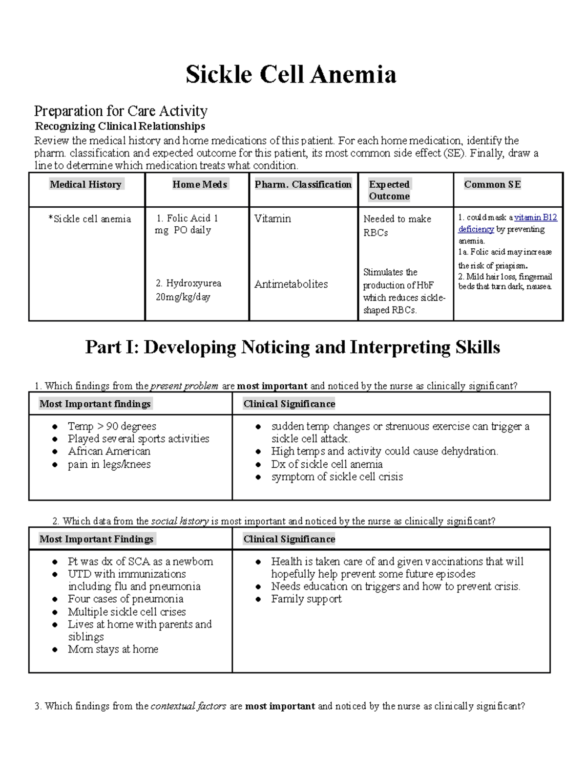 Sickle Cell Anemia - Sickle Cell Anemia Preparation for Care Activity ...