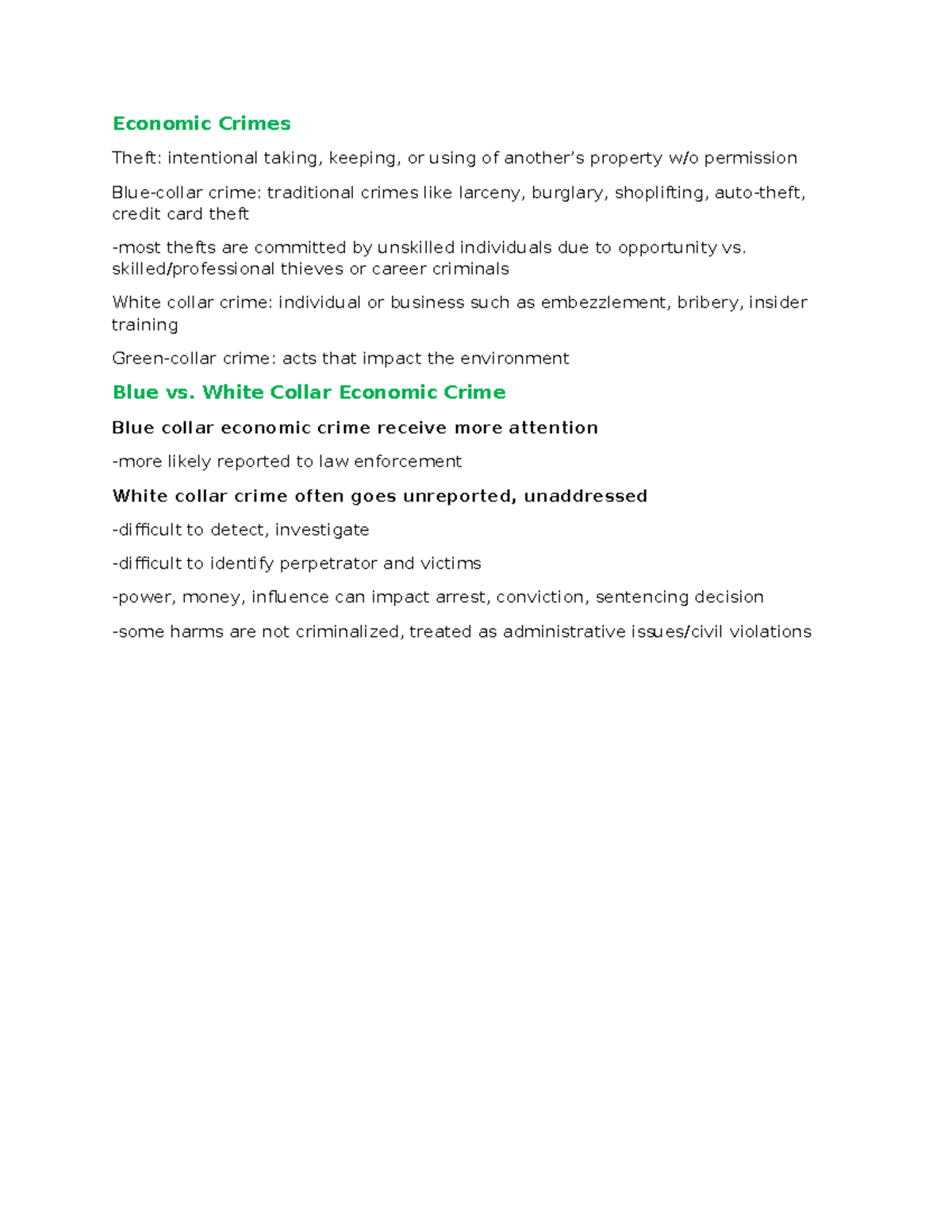 Economic Crimes - notes - Economic Crimes Theft: intentional taking ...