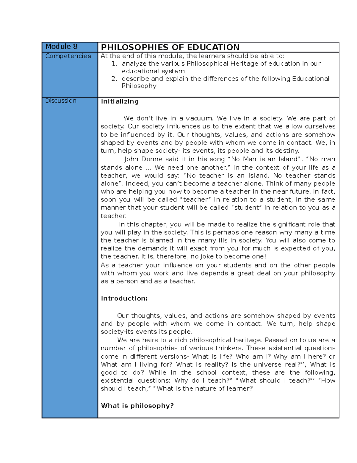 Module-8-Teaching-Prof-updated - Module 8 PHILOSOPHIES OF EDUCATION ...