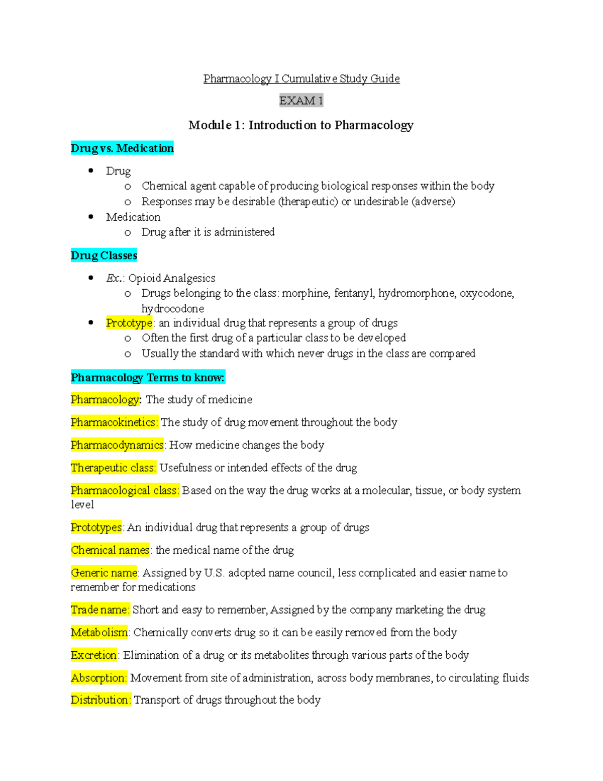 Pharmacology I Cumulative Study Guide - Medication Drug o Chemical ...