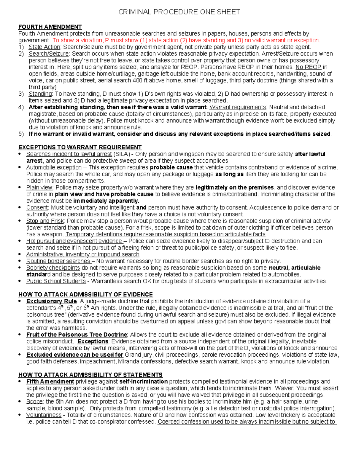 One Sheet - Crim Pro - Criminal Procedure notes - CRIMINAL PROCEDURE ...