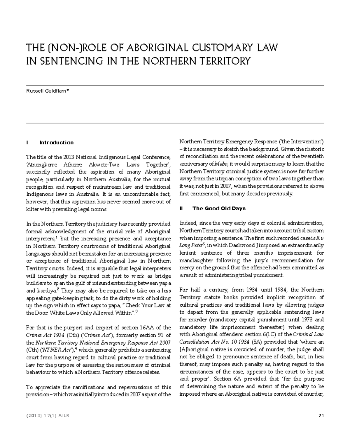 AILR2014 V017N01 071 - law - (2013) 17(1) AILR 71 THE (NON-)ROLE OF ...