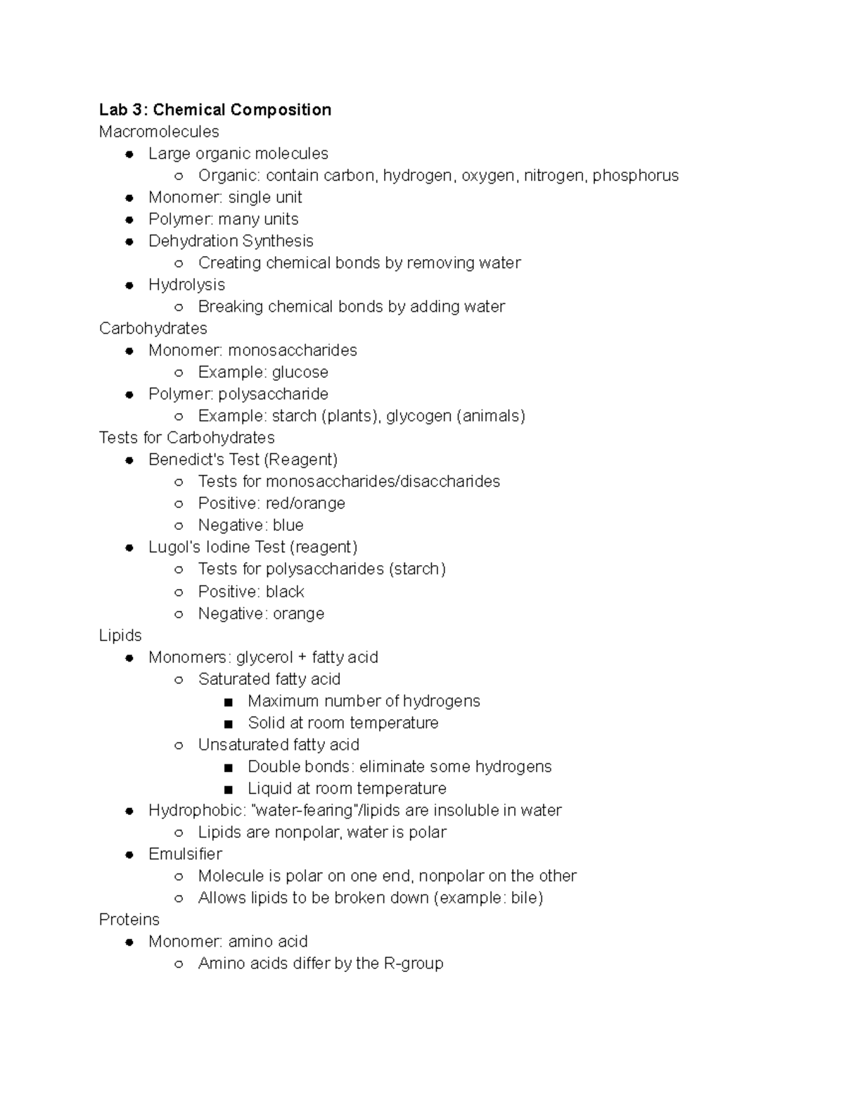 Lab 3 Chemical Composition Lab 3 Chemical Composition Macromolecules