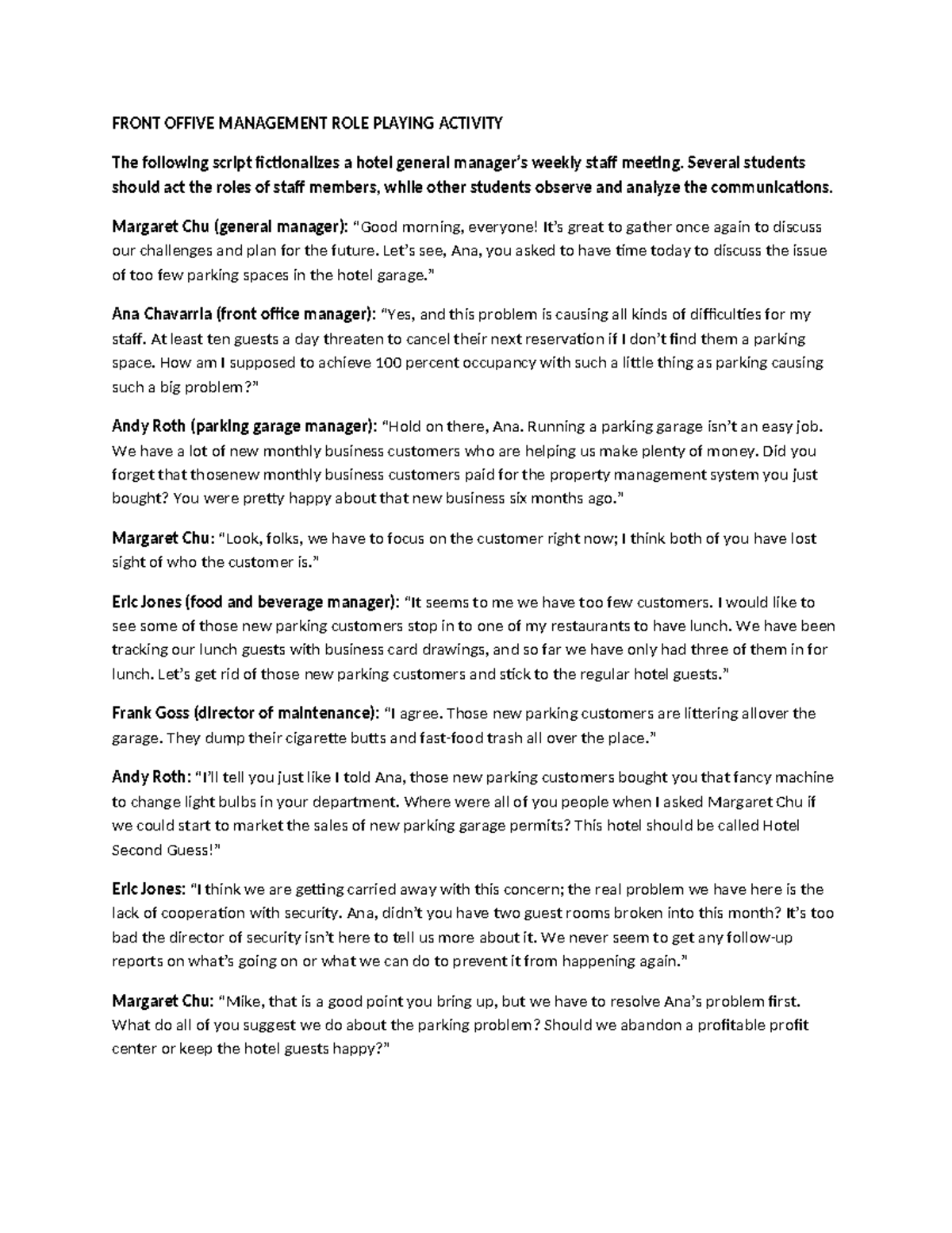 Front Offive Management ROLE Playing Activity - FRONT OFFIVE MANAGEMENT ...