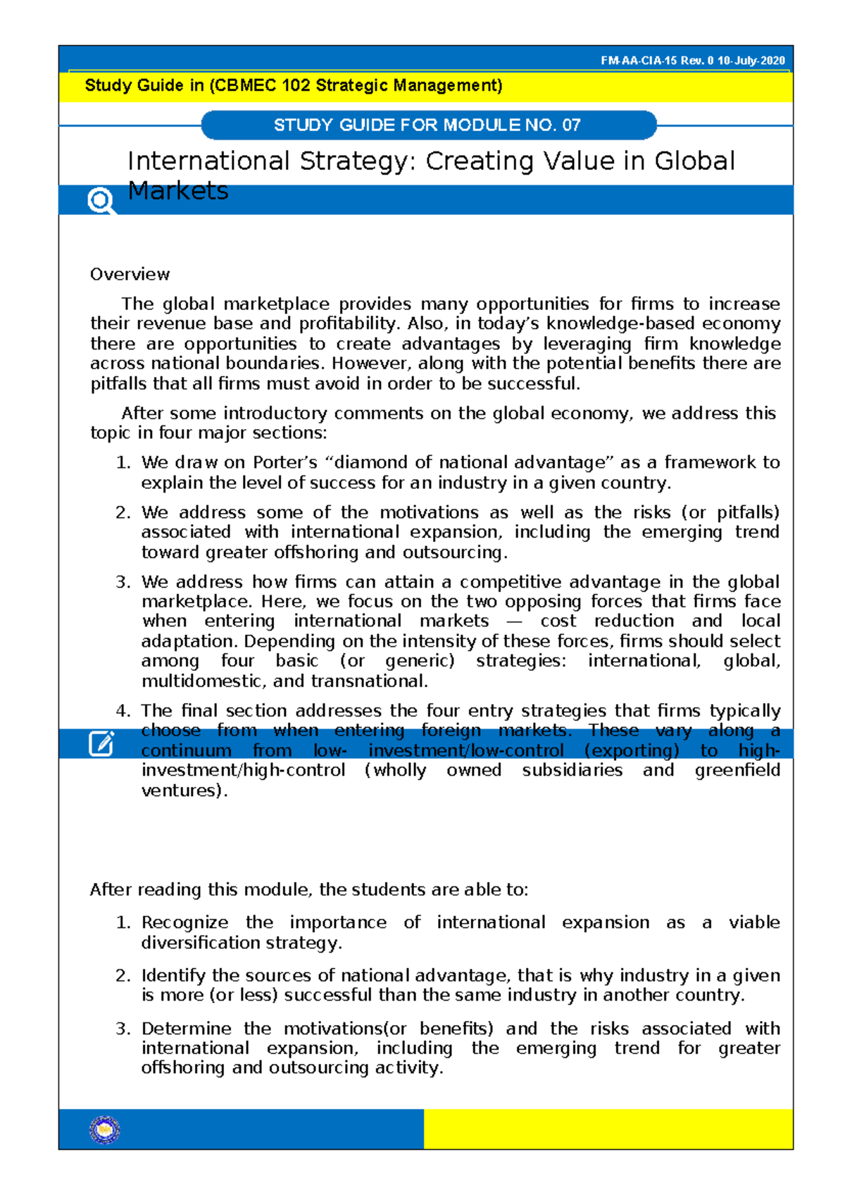 SG 7 International Strategy Creating Value in Global Markets - Study ...