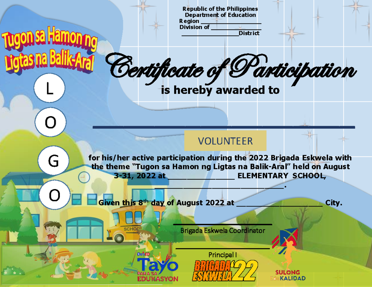 Brigada Cerificate of Participation ^0 Appreciation Template - Republic ...