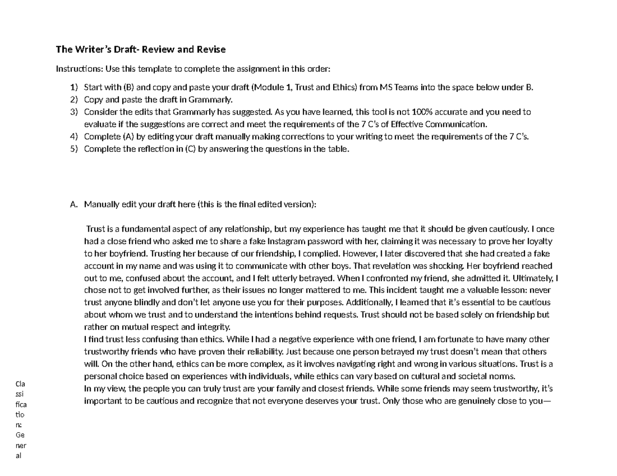 TWD Review and Revise Template - Cla ssi fica tio n: Ge ner The Writer ...