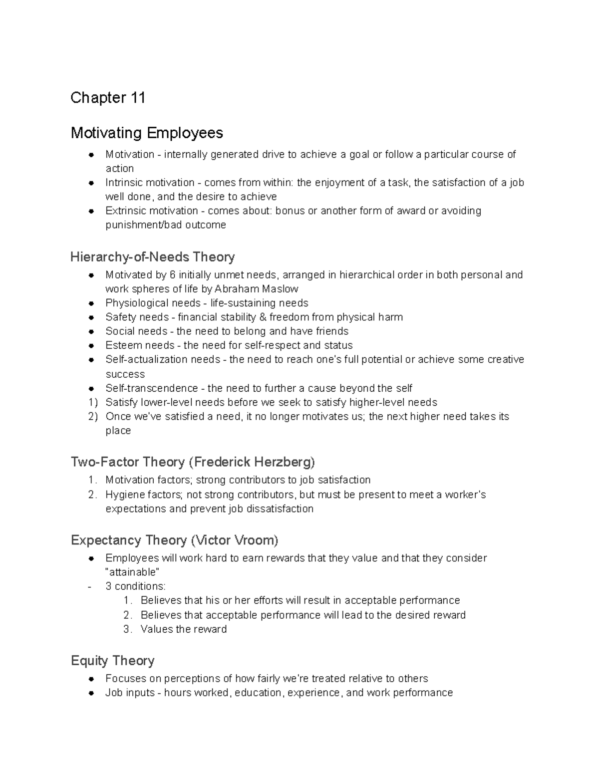 Chapter 11 - Textbook Notes - Chapter 11 Motivating Employees ...