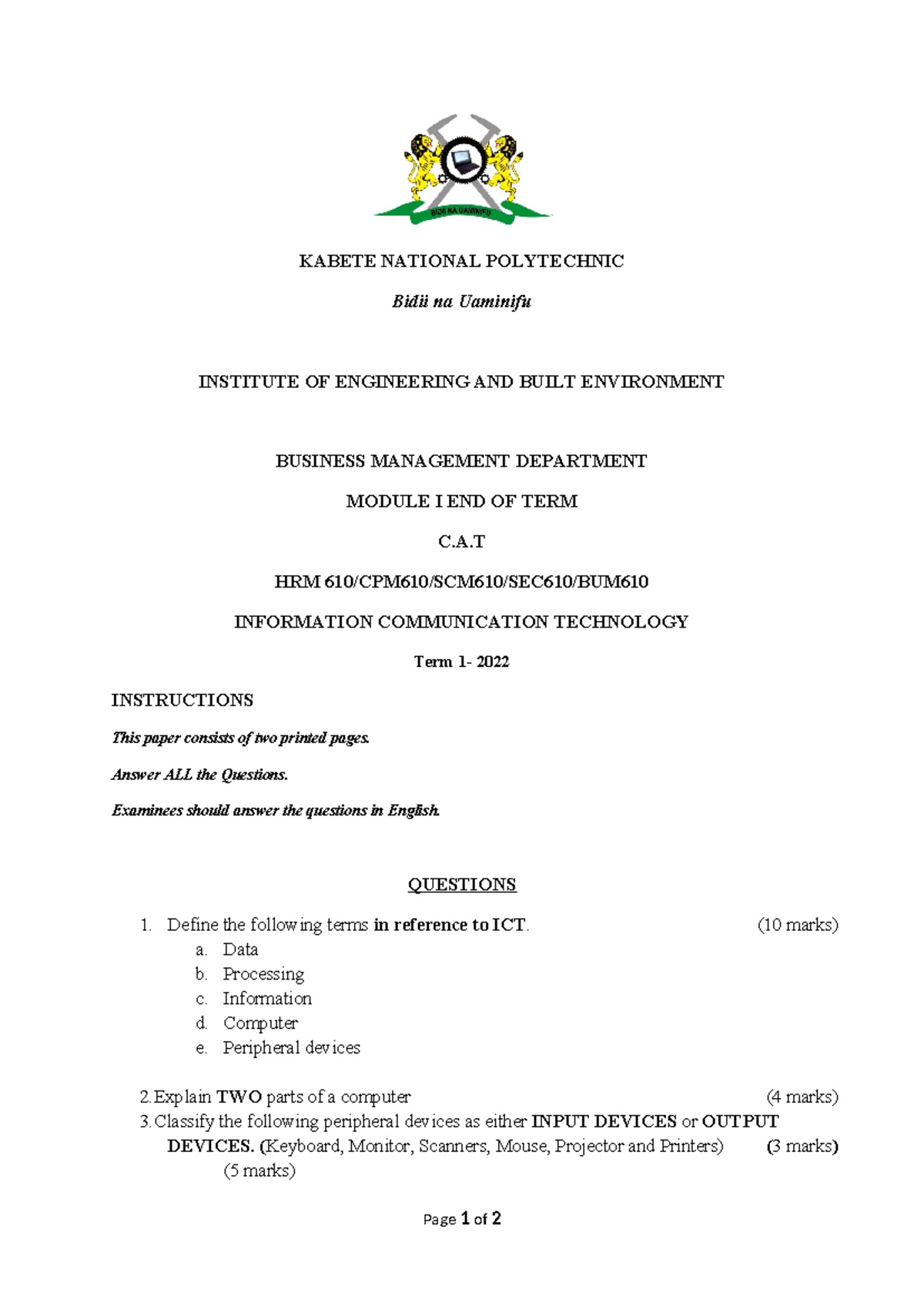 ICT CAT - KABETE NATIONAL POLYTECHNIC Bidii na Uaminifu INSTITUTE OF ...