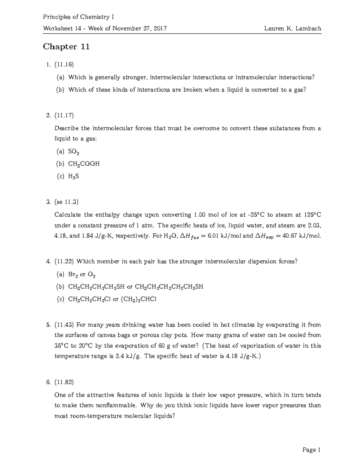 Week 14 worksheet - Principles of Chemistry I Worksheet 14 - Week of ...